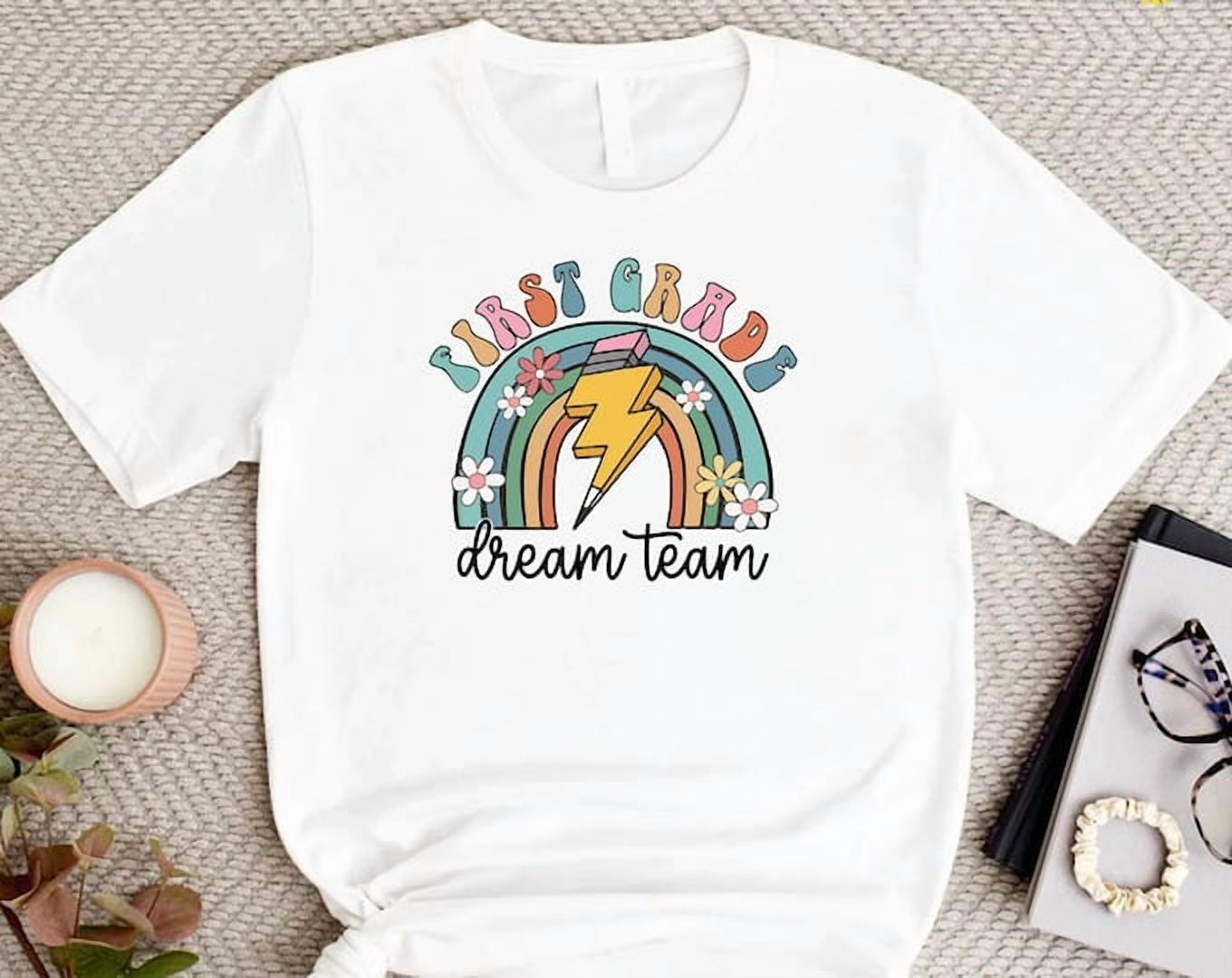 Lunari Retro Rainbow First Grade Dream Team Shirt, 1st Grade Teacher ...