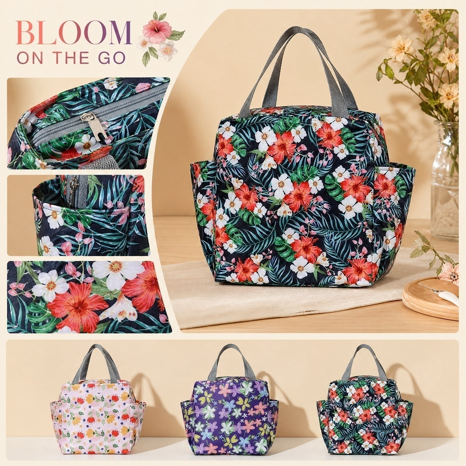 Lunch Bag, Insulated Lunch Tote, Tote Bag with Pockets, Floral Print ...