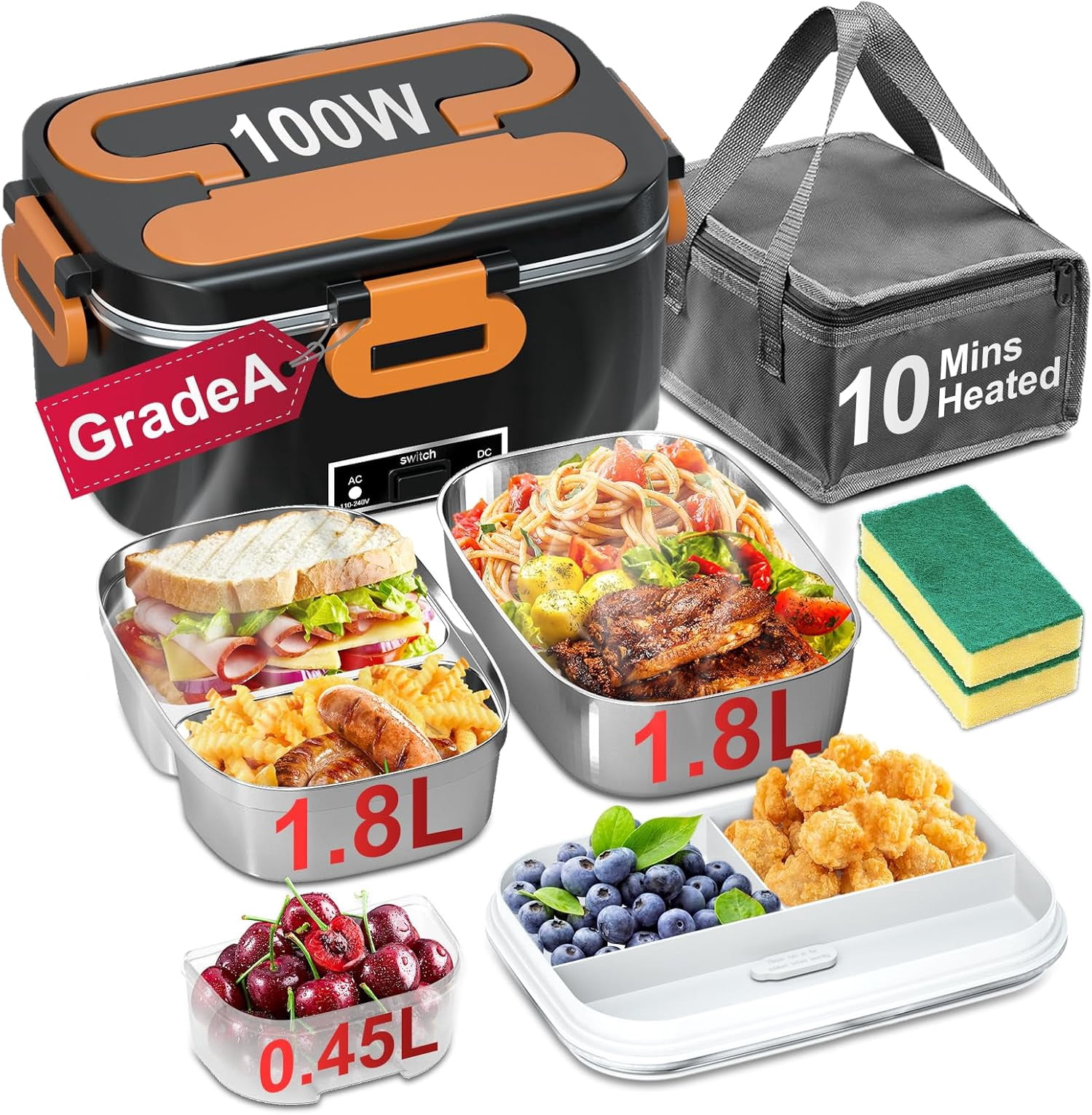 Lunch Box for - 2 1.8L Container 100W Heated Lunch Box for Men Heating ...