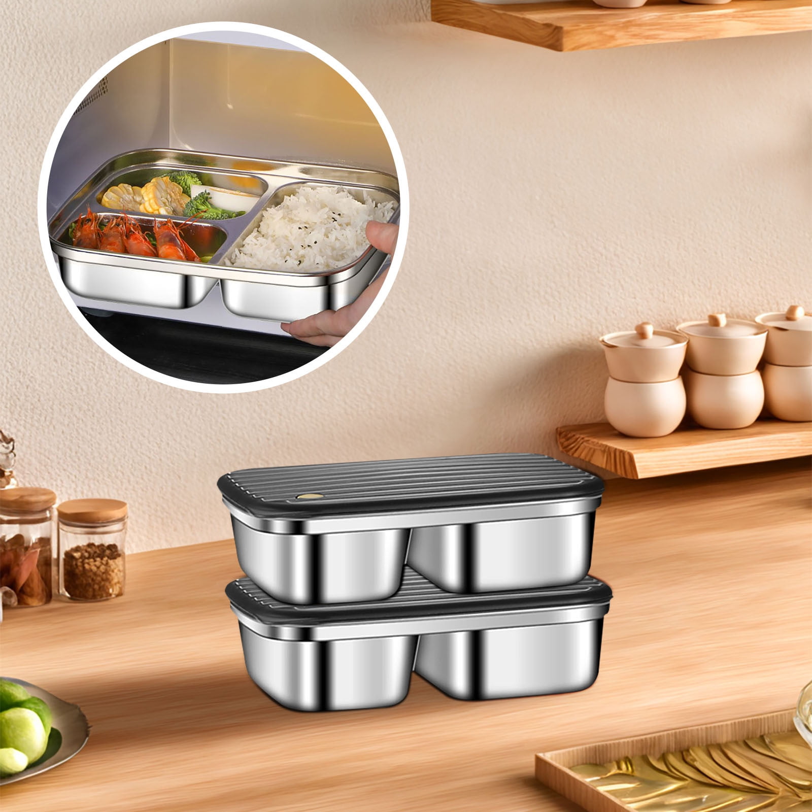 Lunch Box Containers, Stainless Steel Rectangle Divided 3 Section Food ...