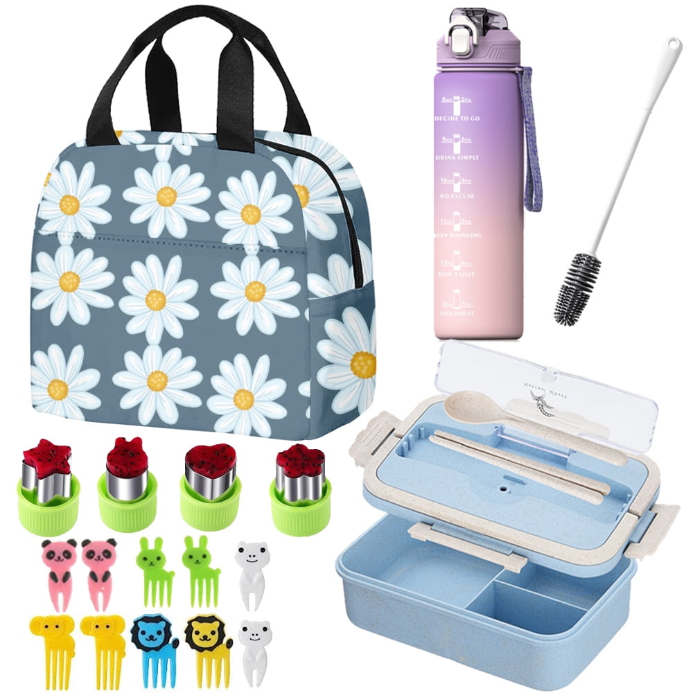 Lunch Box Daisy Printed Lunch Box Tote Bags with Bento Box Water Fruit ...