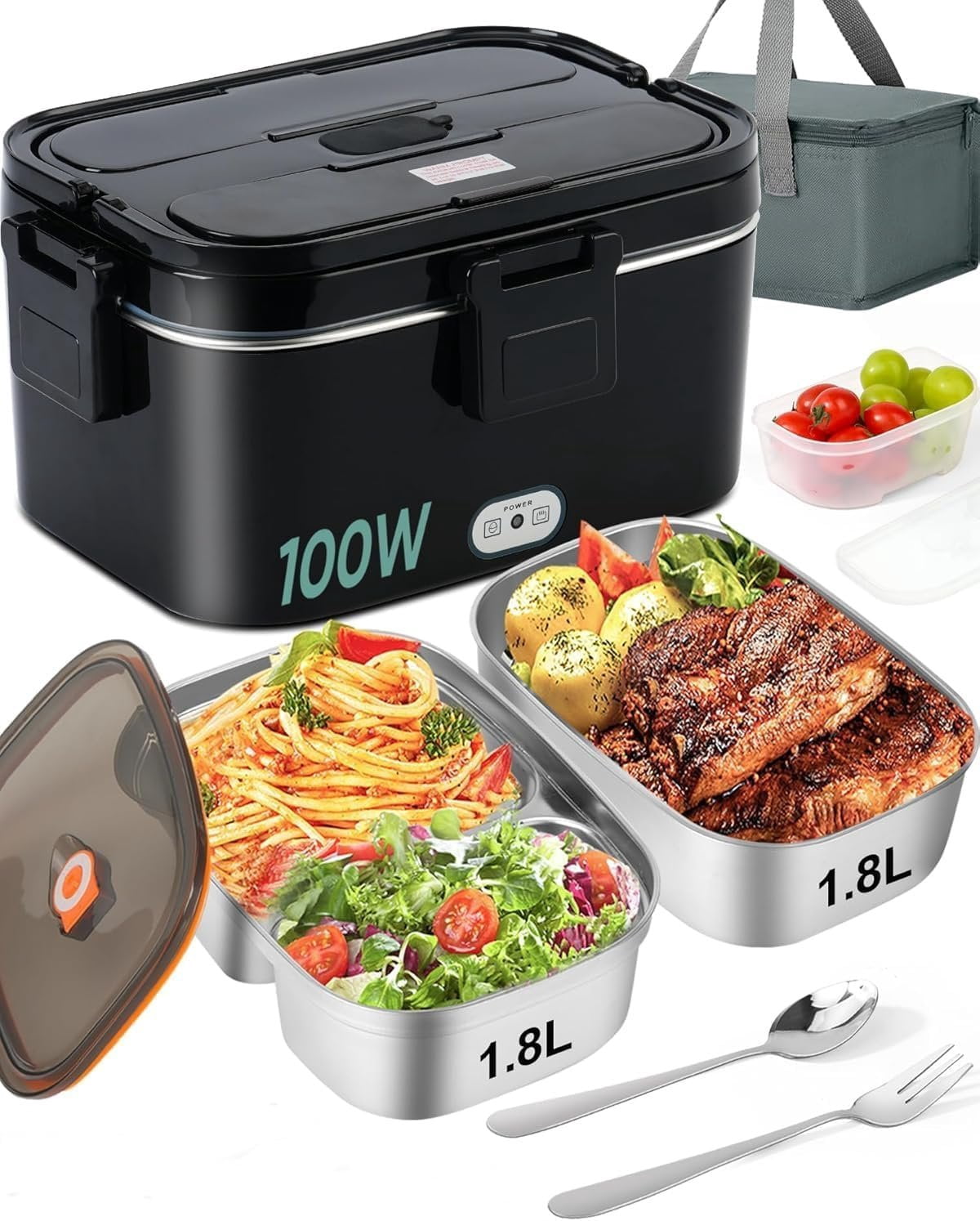 Lunch Box Heater 100W, Warmer with Dual Container 1.8L Portable Heated ...