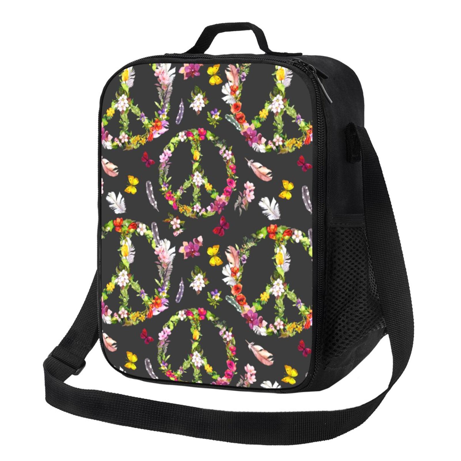 Lunch Box for Women Men Peace sign flowers butterfly feathers Insulated ...