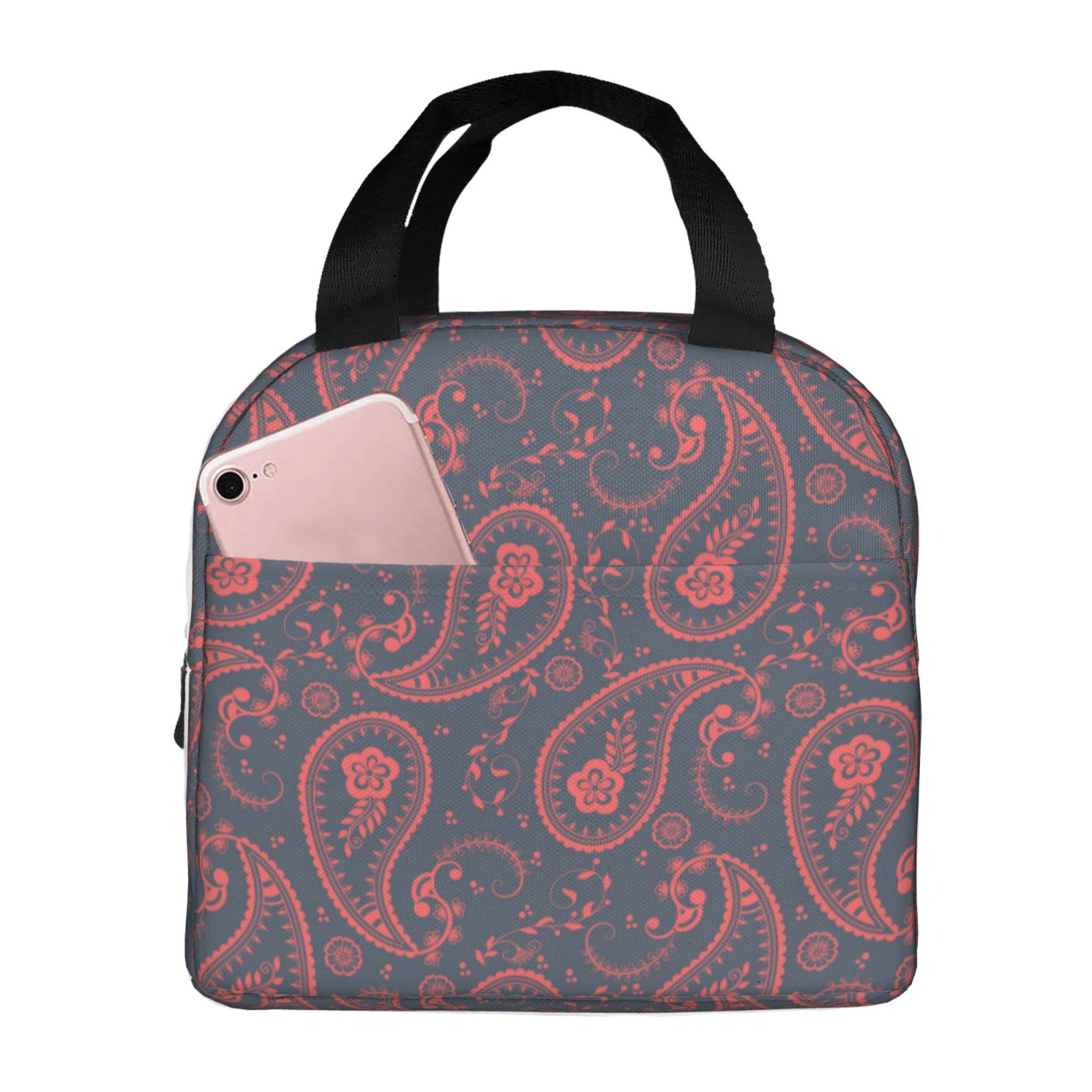Lunch Box for Women Men Red Grey Paisley Reusable Insulated Lunch Bag ...