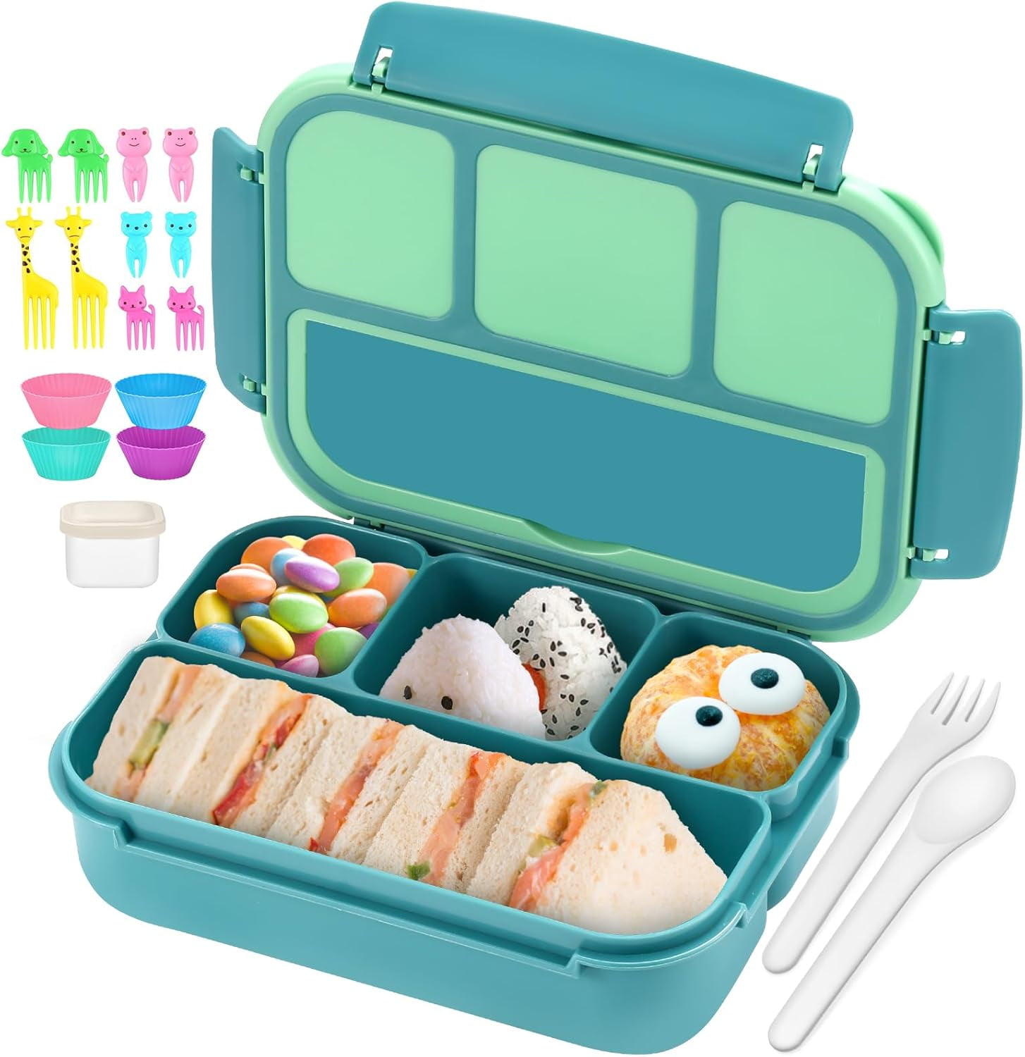 Lunch box with 4 compartments, sauce container, utensils, food picks ...
