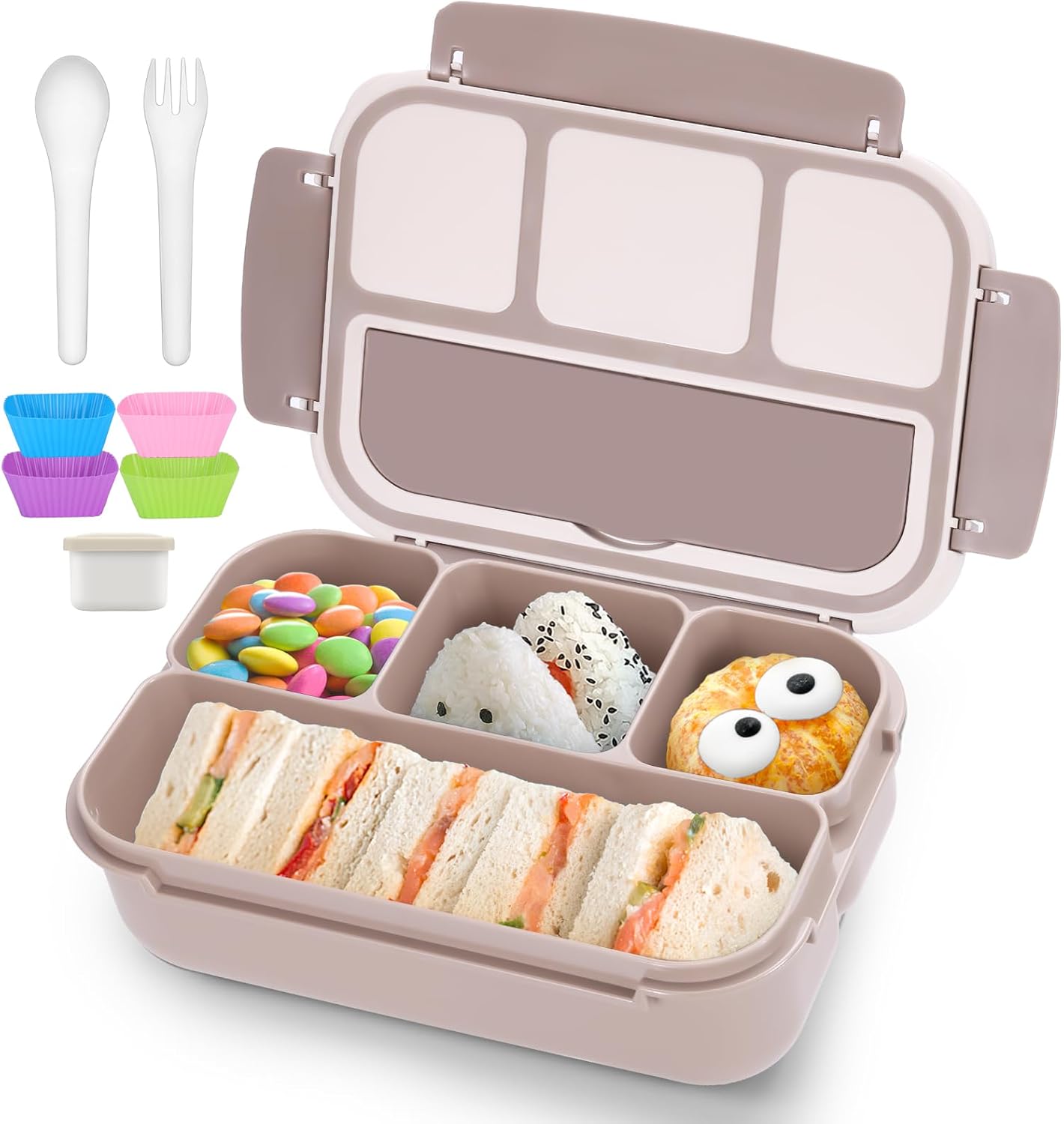 Lunch box with 4 compartments, sauce container, utensils, food picks ...