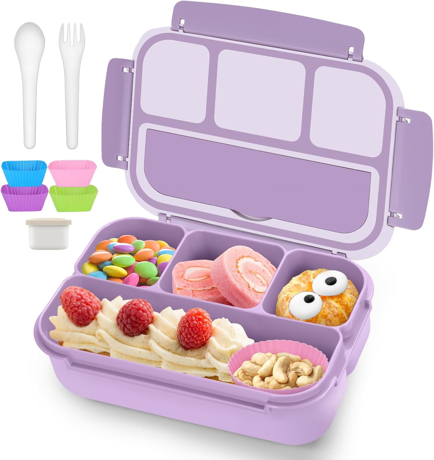Lunch box with 4 compartments, sauce container, utensils, food picks ...