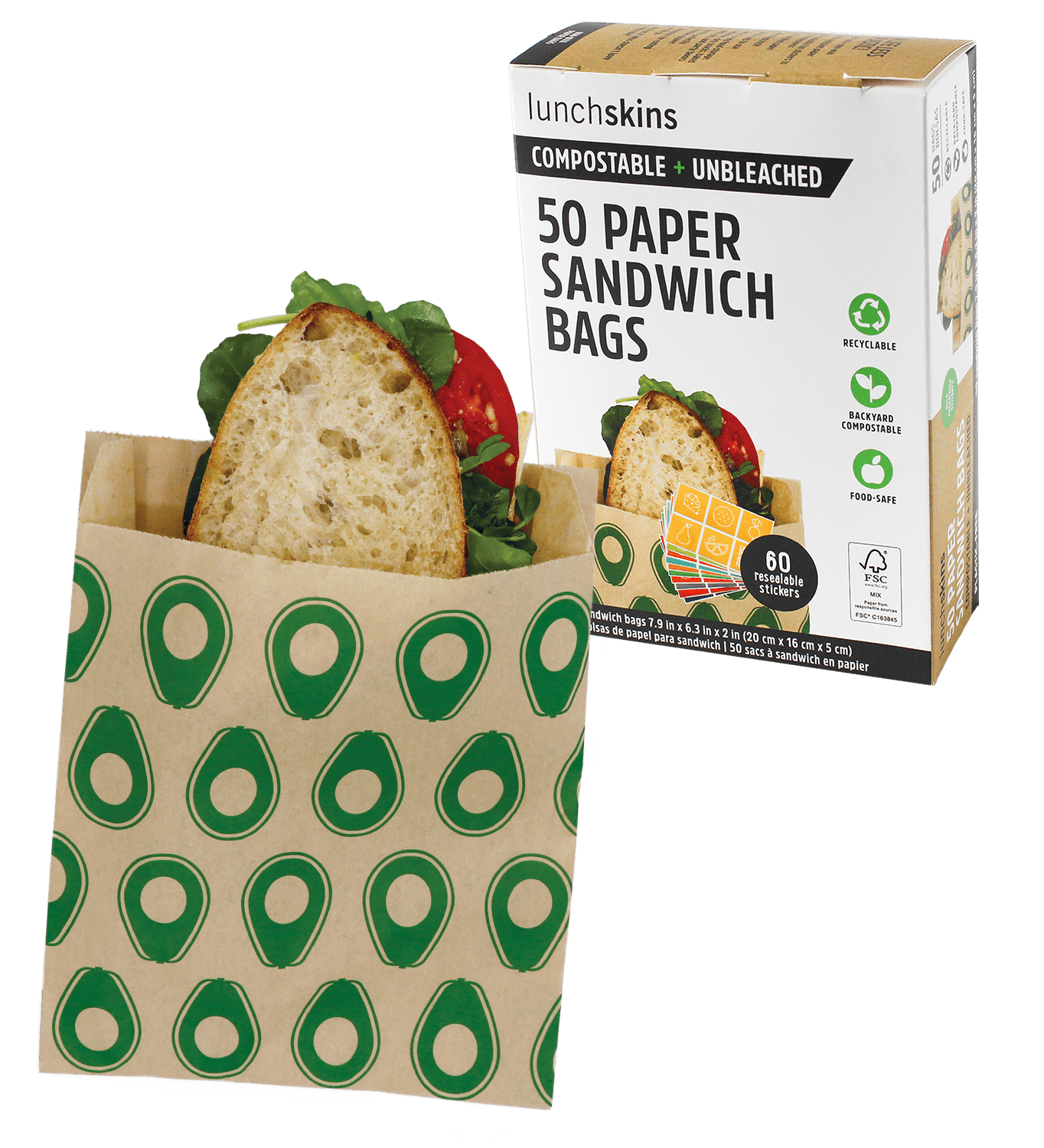Lunchskins Compostable Snack Baggies, Unbleached Kraft Paper, Avocado ...