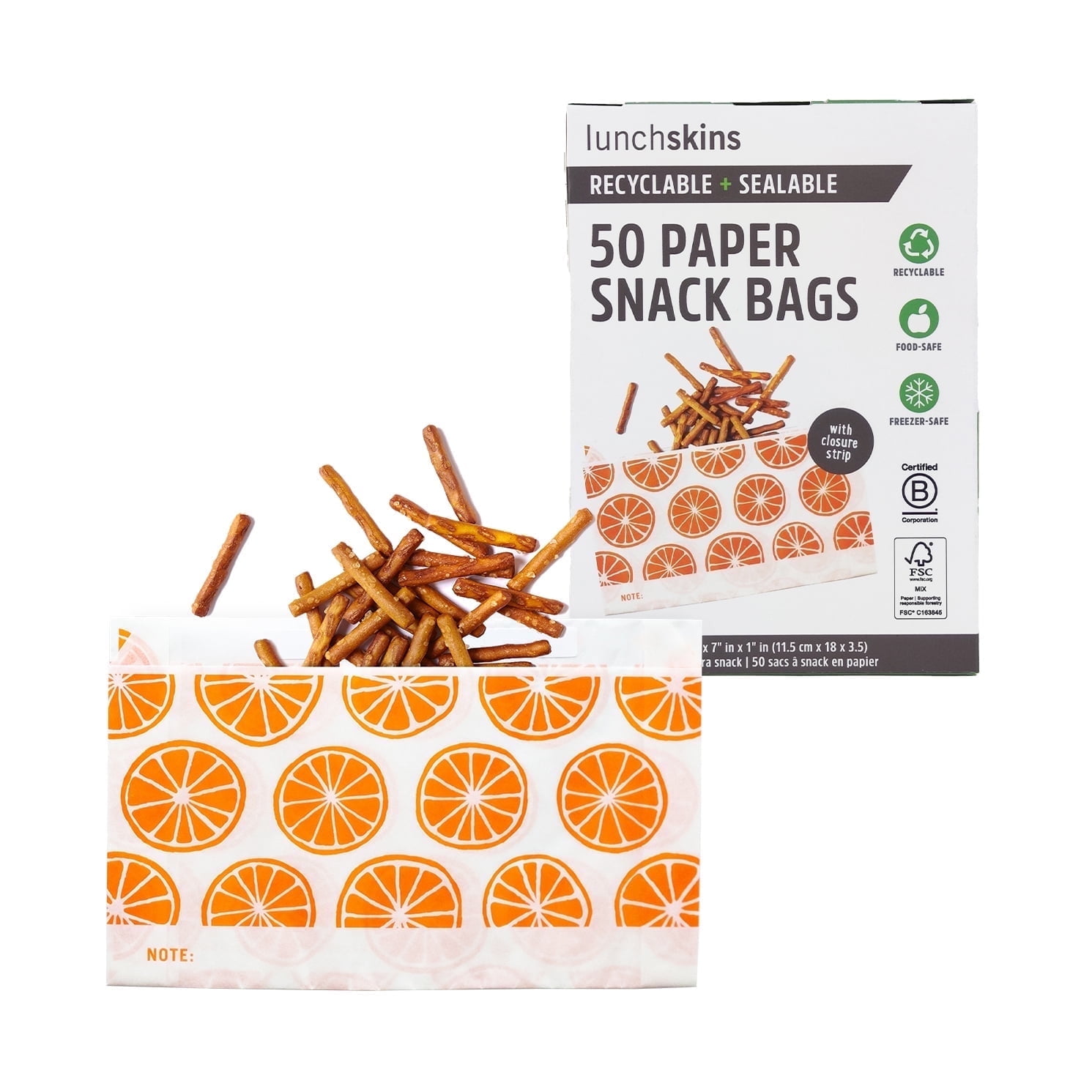 Lunchskins Recyclable + Sealable Sandwich Baggies, Fold Top, Orange, 50 ...