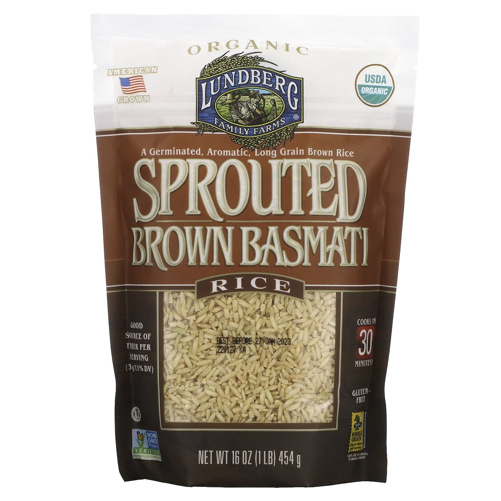 Lundberg, Long Uncooked Whole Grain Sprouted Brown Basmati Rice, 16 oz ...