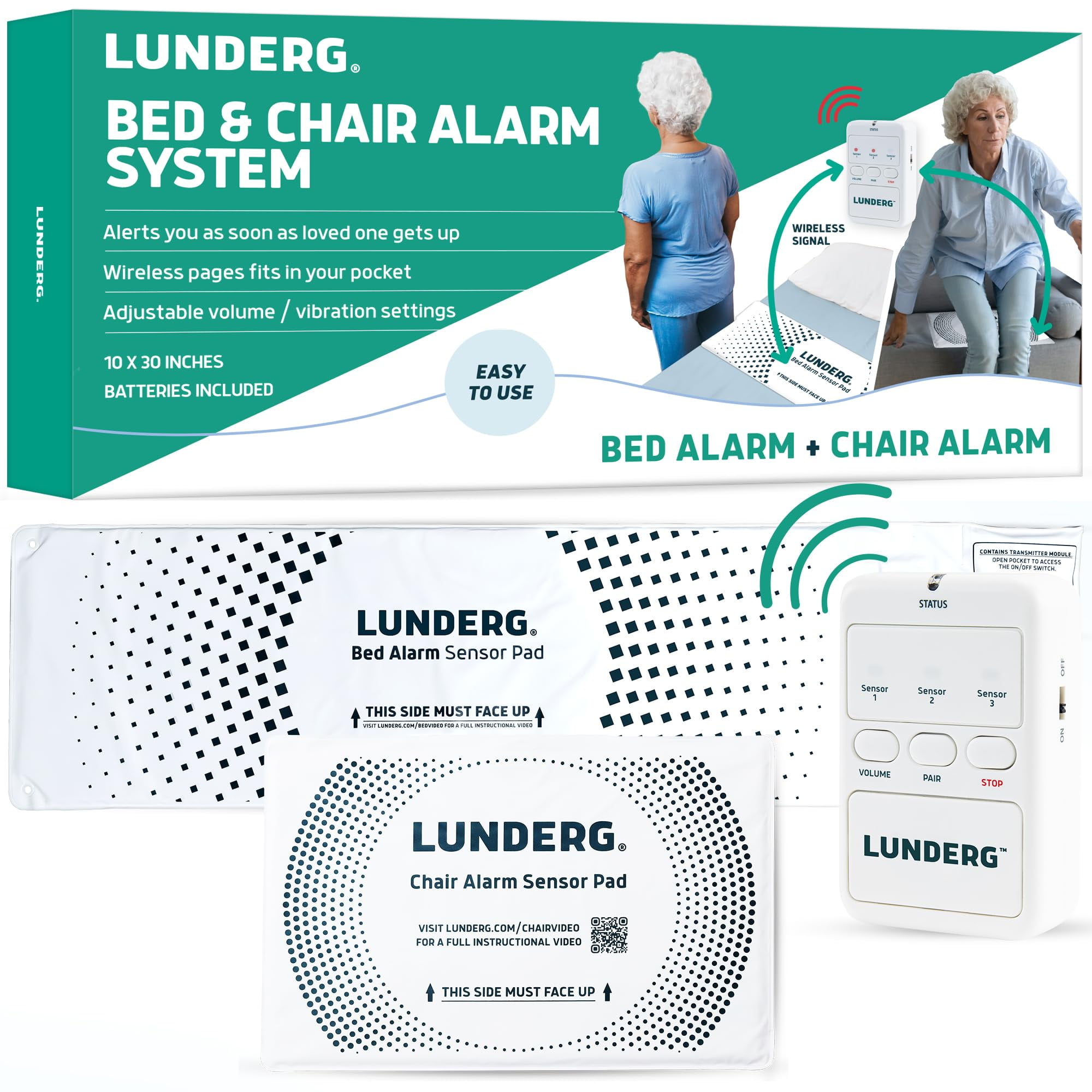 Lunderg Bed Alarm & Chair Alarm System - Wireless Bed Sensor Pad (10” x ...