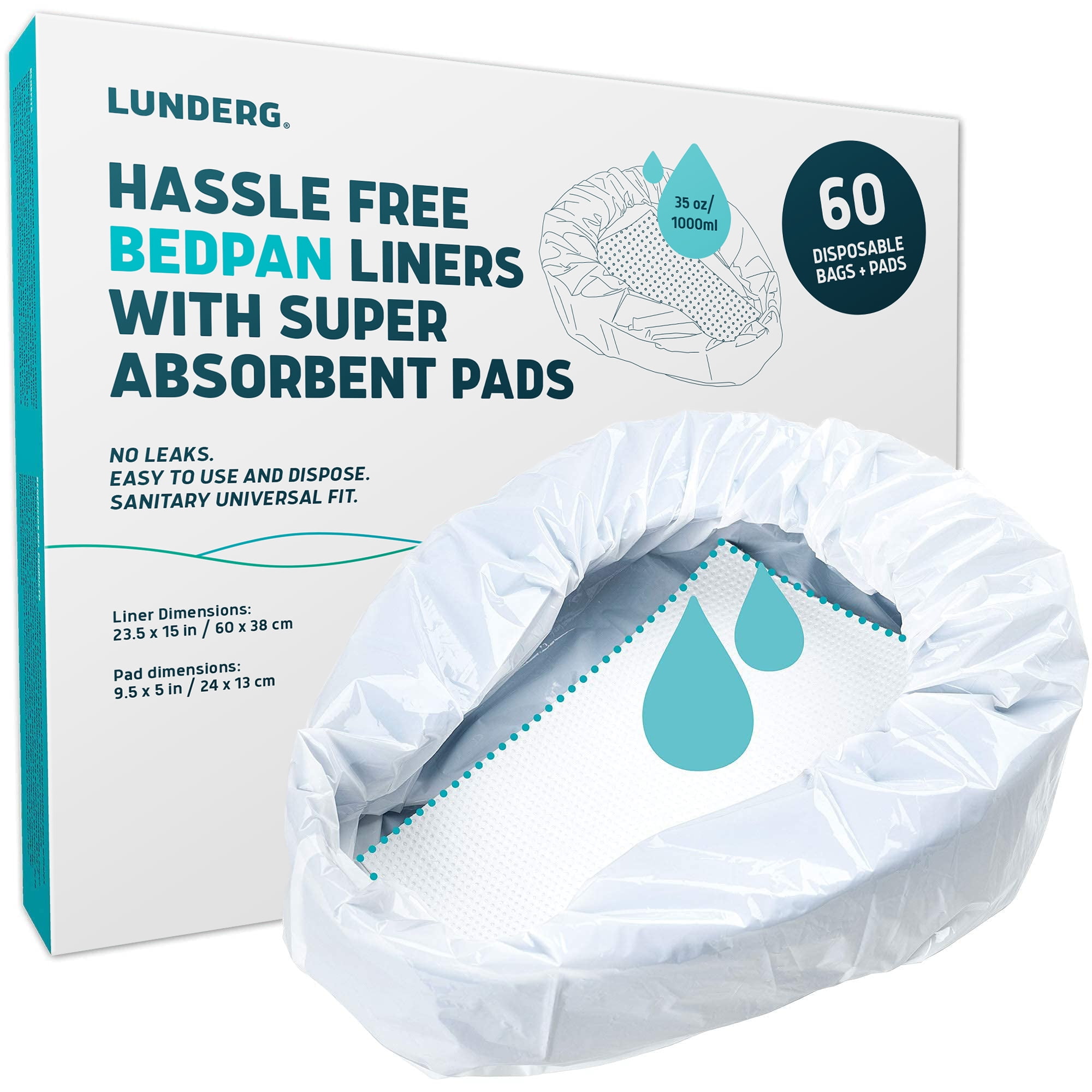 Lunderg Bedpan Liners with Super Absorbent Pads - Value Pack 60 Count ...