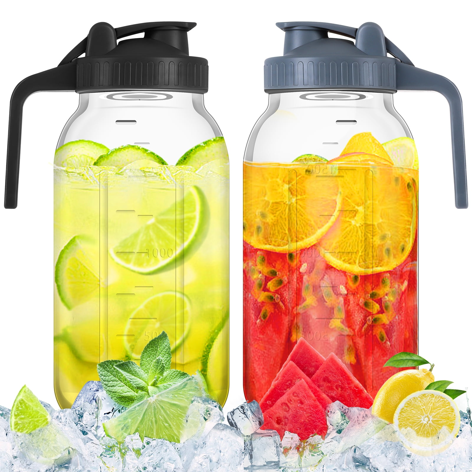 Luniquz 2 Pack 64 oz Glass Water Pitcher, Half Gallon Mason Jar Pitcher ...