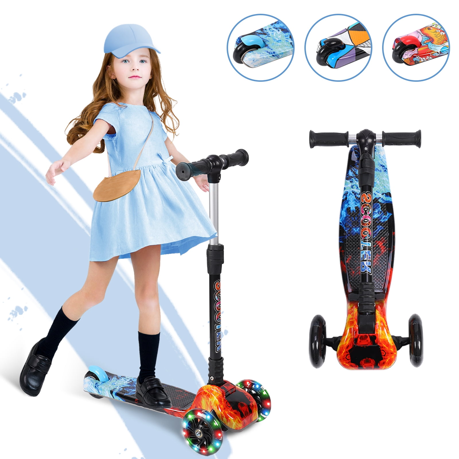 Luniquz Foldable Kids Scooter with LED Lights, Adjustable Height, 3-12 ...