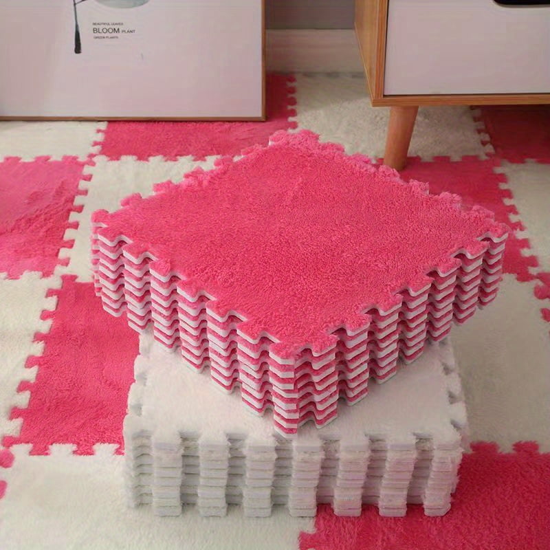 Luniquz Plush Foam Puzzle Floor Mat Set, Anti-Slip, White/Rose Red, EVA ...