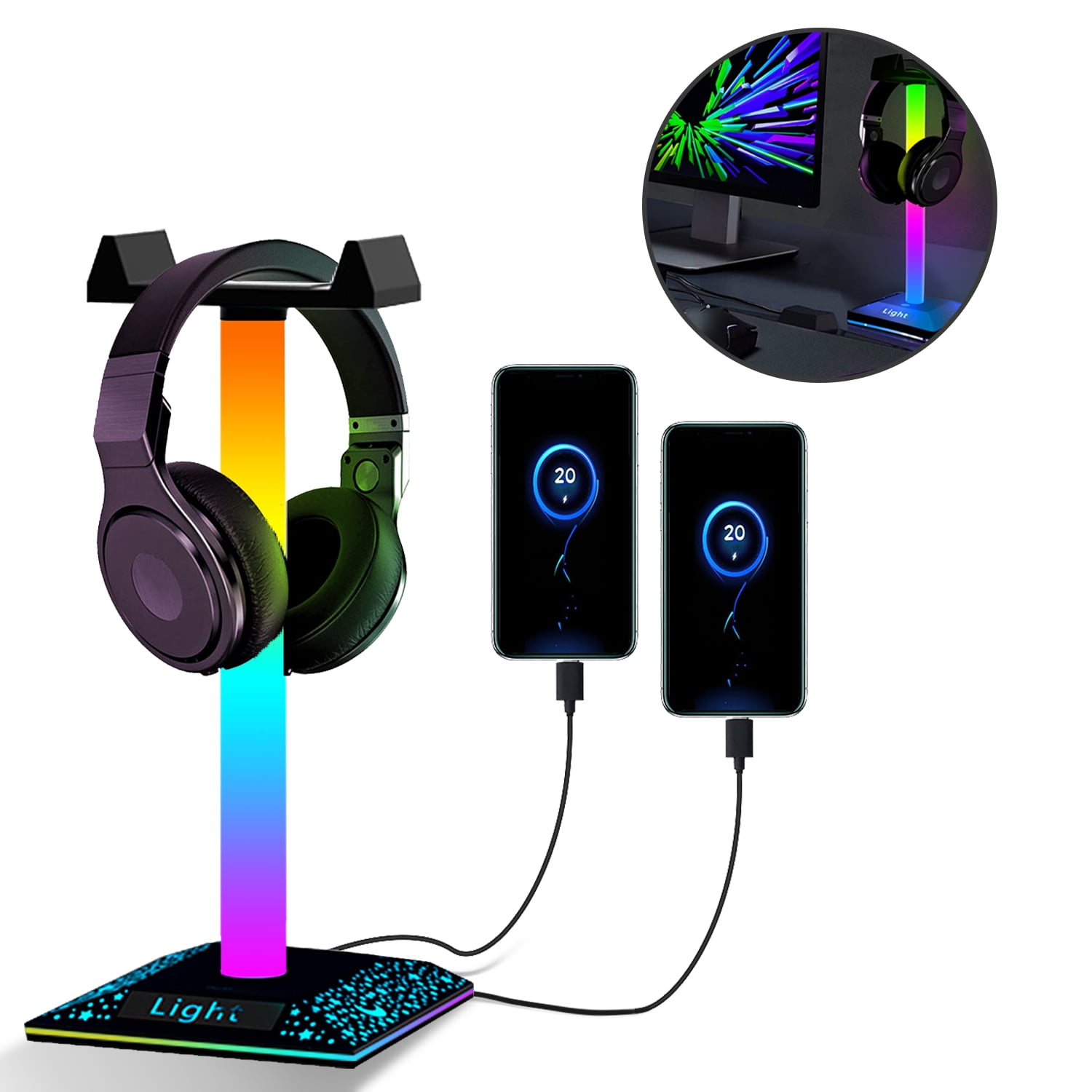 Luniquz RGB Headphone Electronic Stand with 2 USB Charger, Multi-color ...