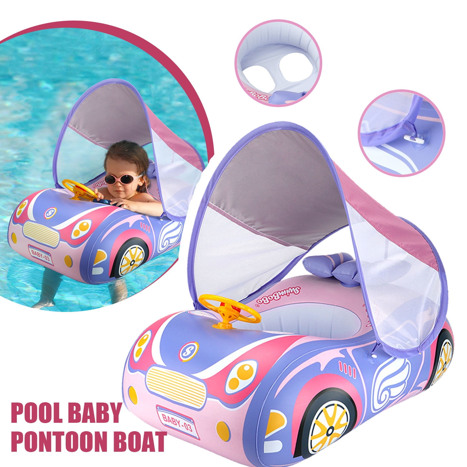 Luniquz Toddler Pool Float, Inflatable Car Baby Swim Float, Sun Canopy ...