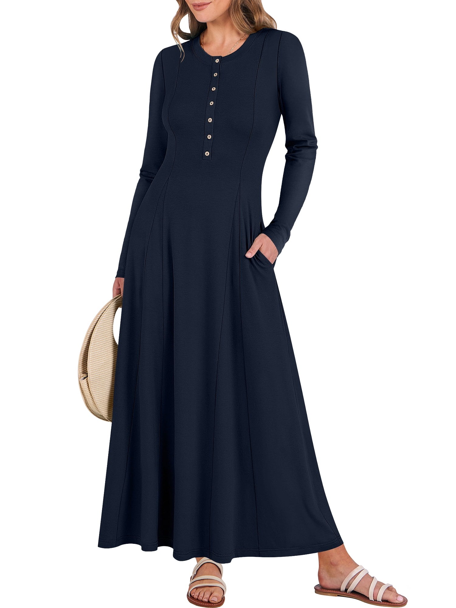 Luniro Women Fall Maxi Dresses Long Sleeve A-Line Flowy Fit & Flare ...