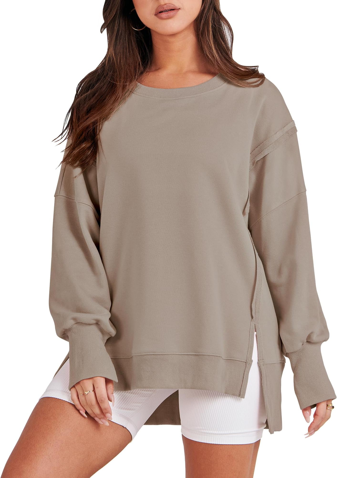 Luniro Women's Oversized Sweatshirts Casual Long Sleeve Side Slit Loose ...
