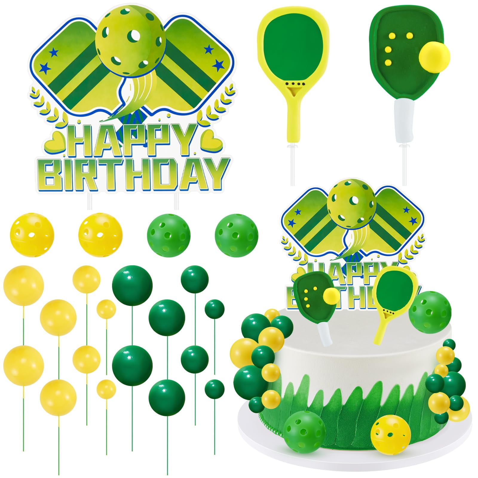 Lunmon 27 Pcs Ball Birthday Cake ITL1 Topper Green Yellow Ball and ...