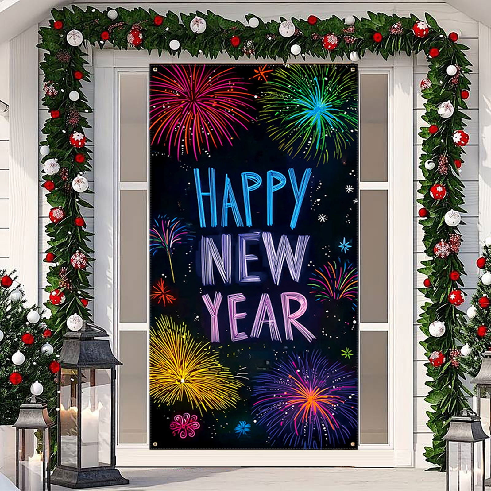 Lunxisen 1 Pcs Happy New Year Door Cover Banner Decorations Fireworks ...
