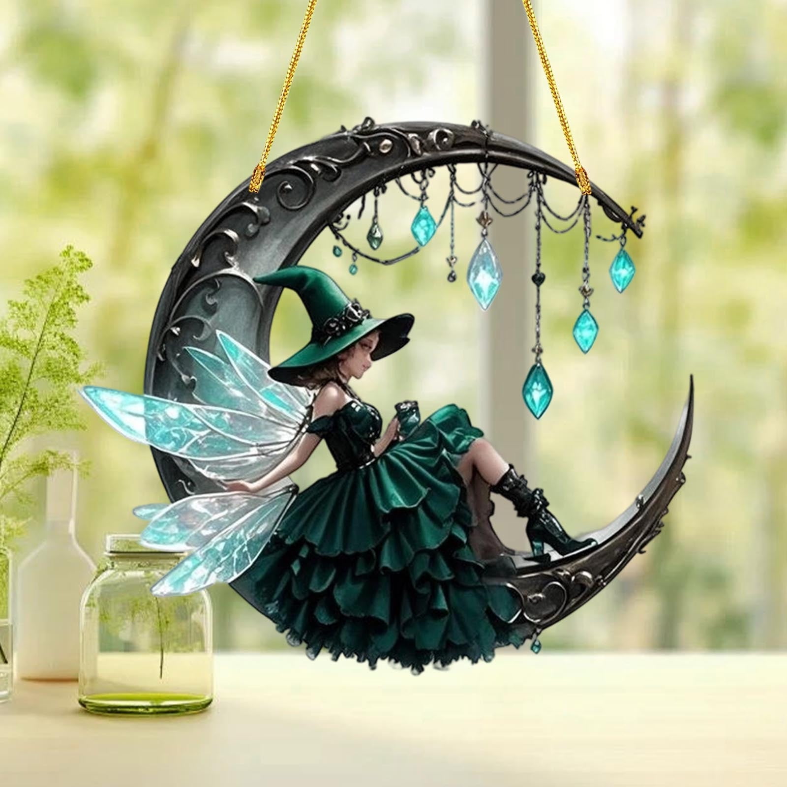 Lunxisen 1 pcs Charming Moonlight Witch Acrylic Stained Glass Window ...