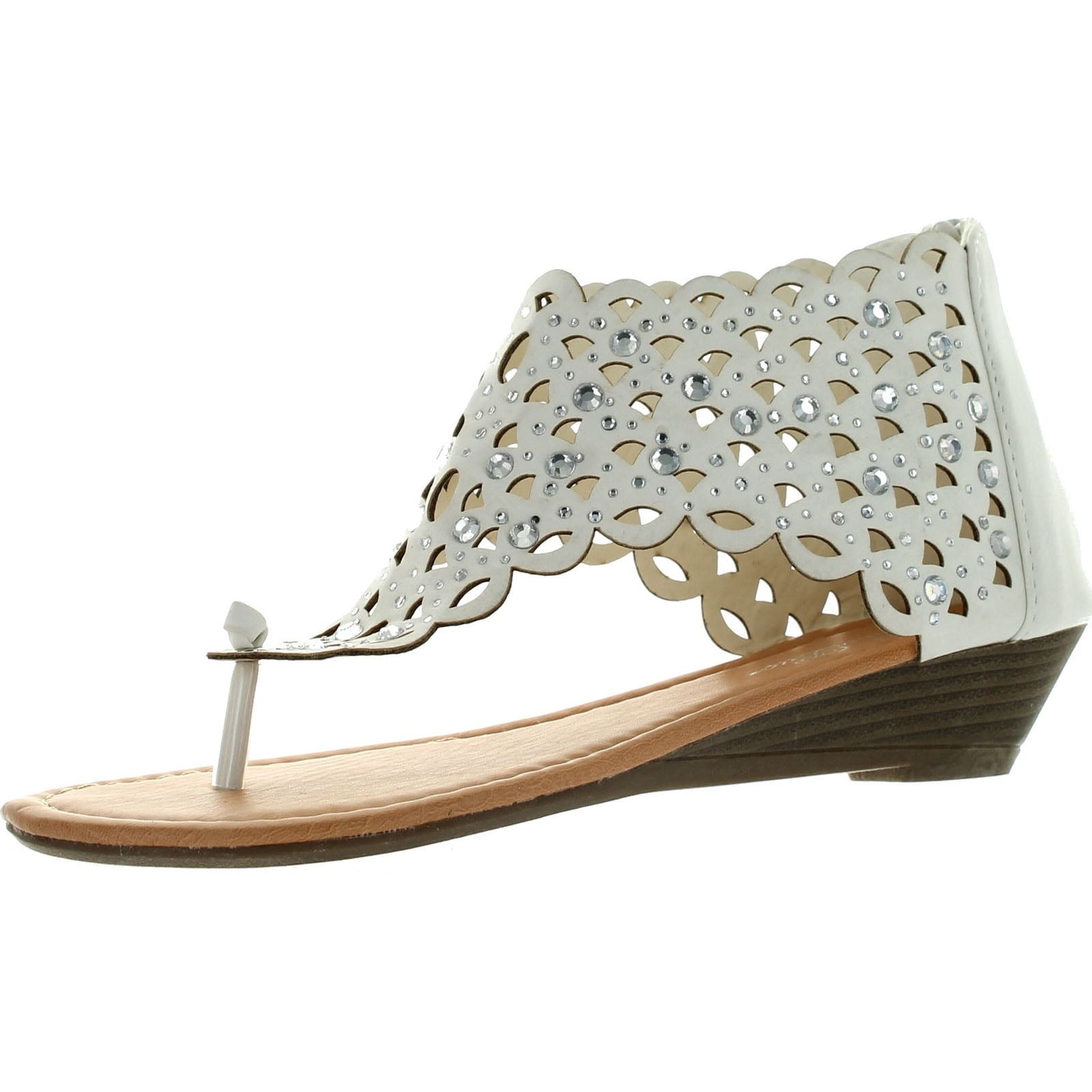 Luo Womens Bella T Strap Rhinestone Party Wear Gladiator Roman Flat ...