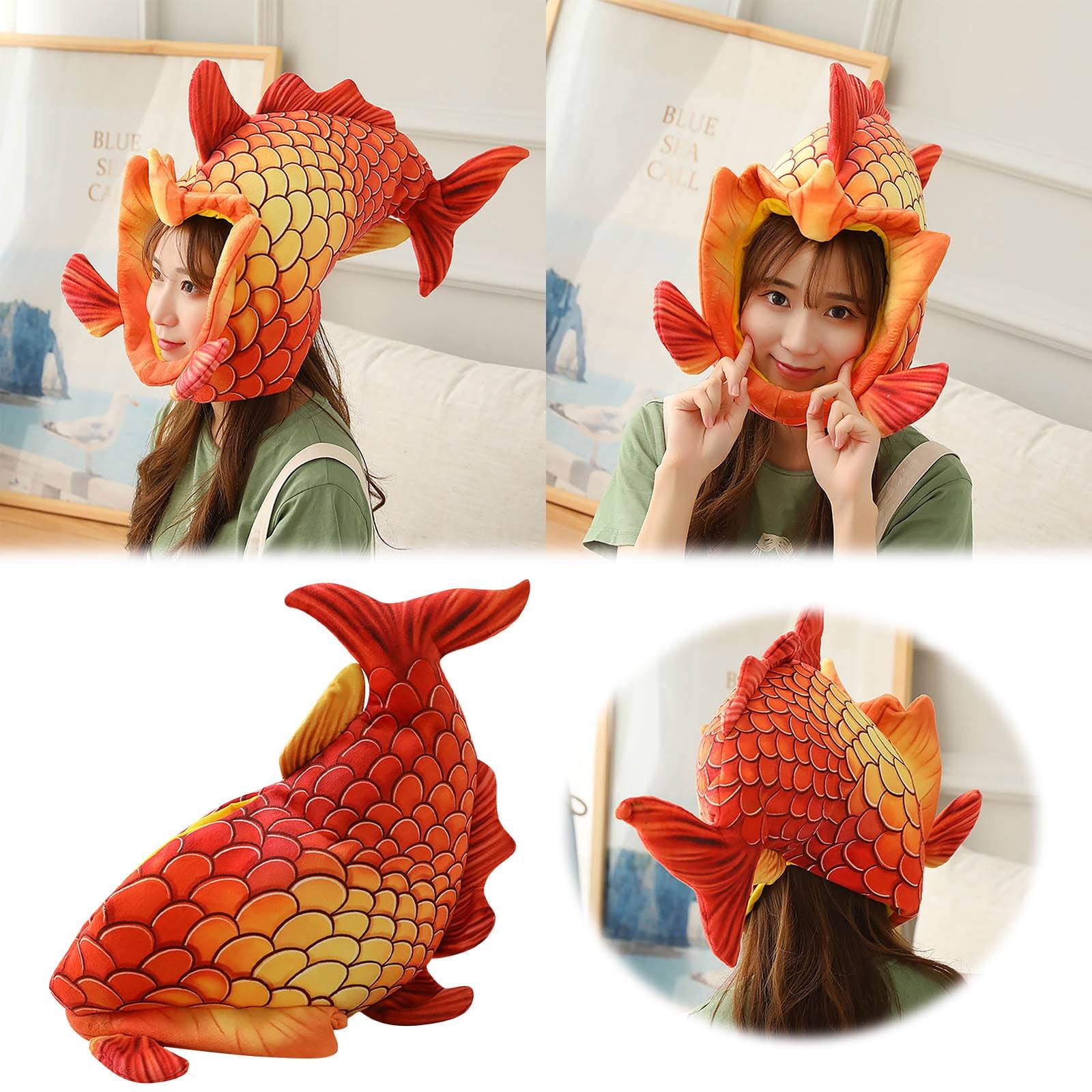 Luoshungang Fish Hat Funny Fish Head Hat Sea Animal Hats Unisex Hats Red Speaking Buttons for ...