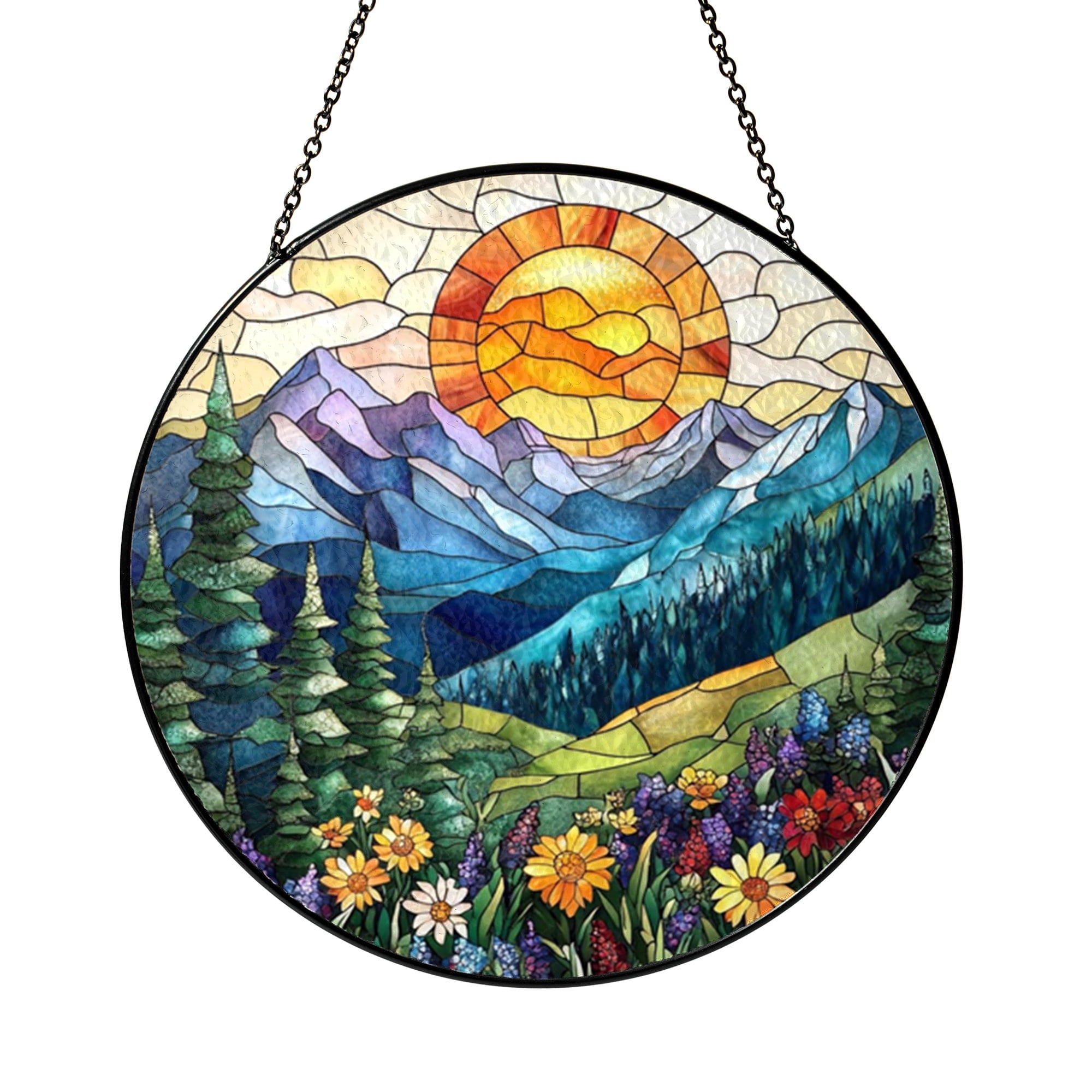 Lupine Flower Mountain Scene Glass Suncatcher – Window Hanging Decor ...