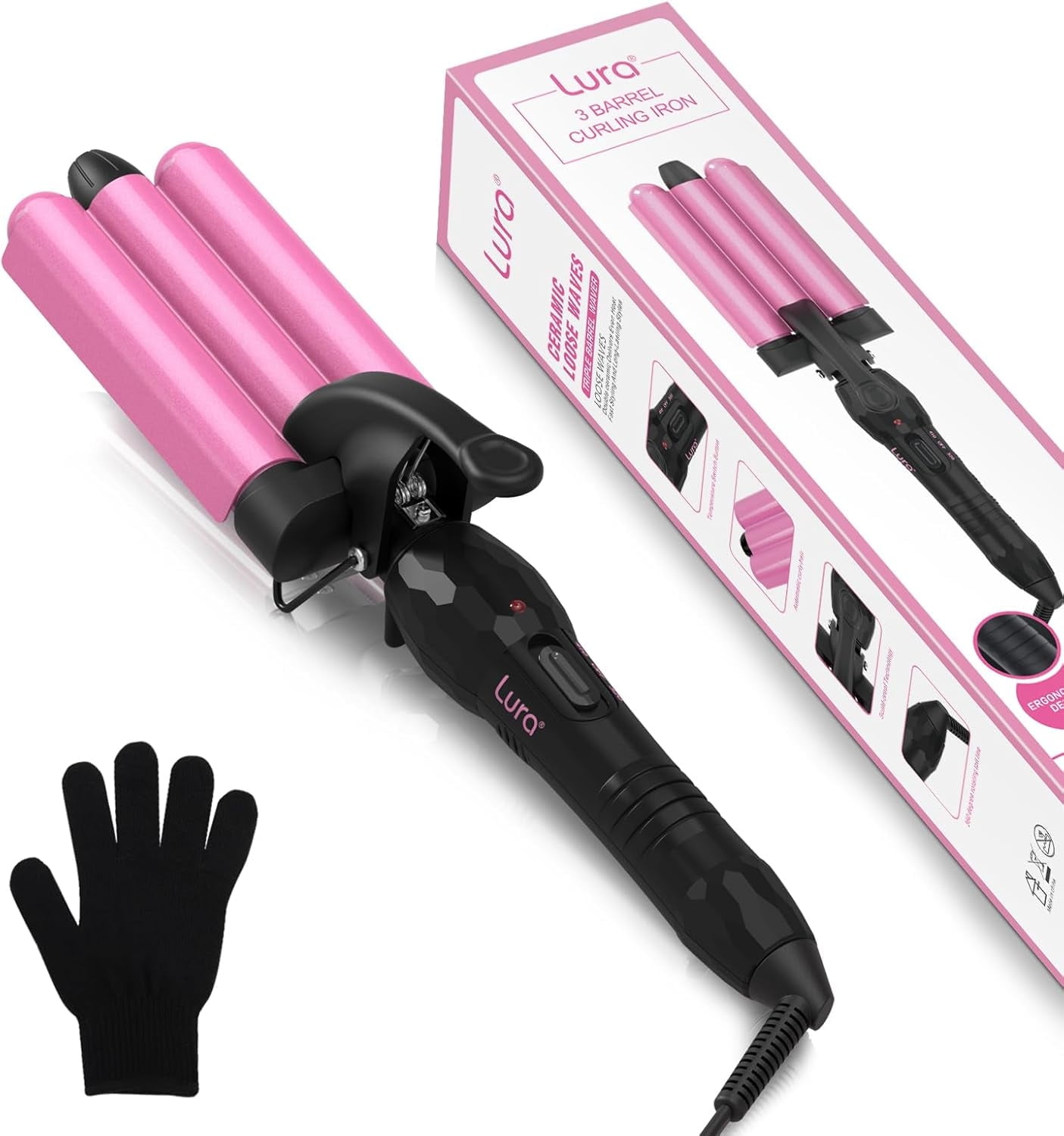 Lura Ceramic 3 Barrel Curling Iron 1 inch Hair Waver Dual Voltage Hair Crimper Temperature ...