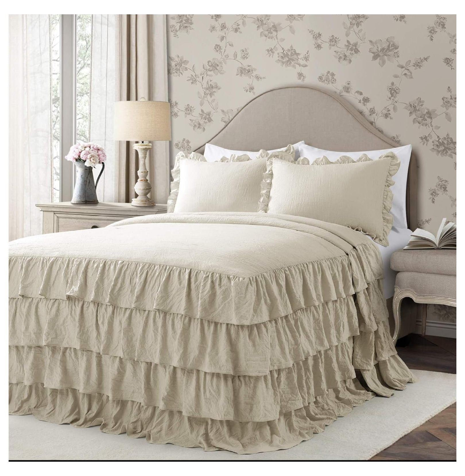 Lush Décor Allison Ruffle Skirt Bedspread Neutral Vintage Chic Farmhouse Lightweight 3 Piece Set ...