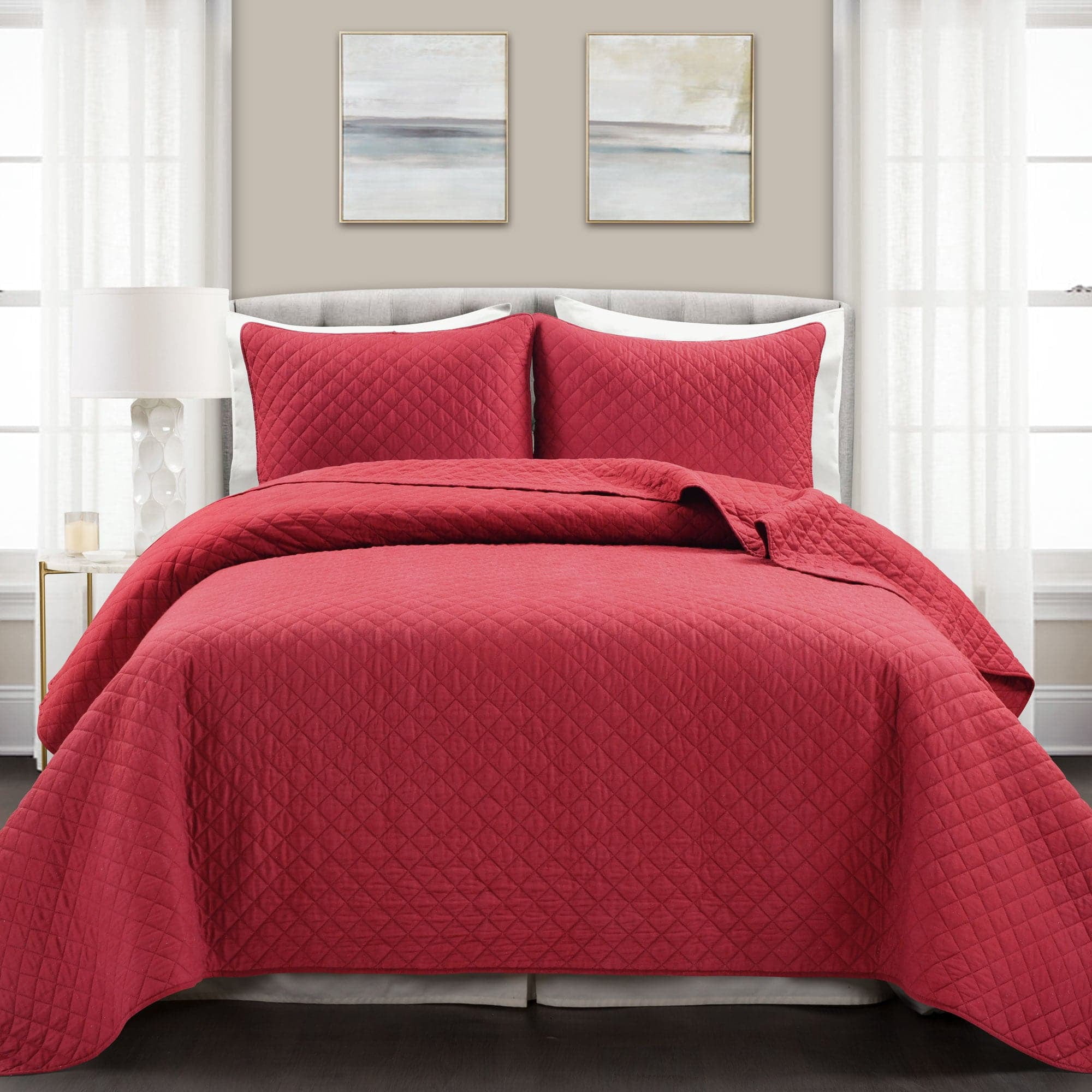 Lush Decor 100% Cotton Ava Diamond Oversized Cotton Quilt Red 3Pc Full ...