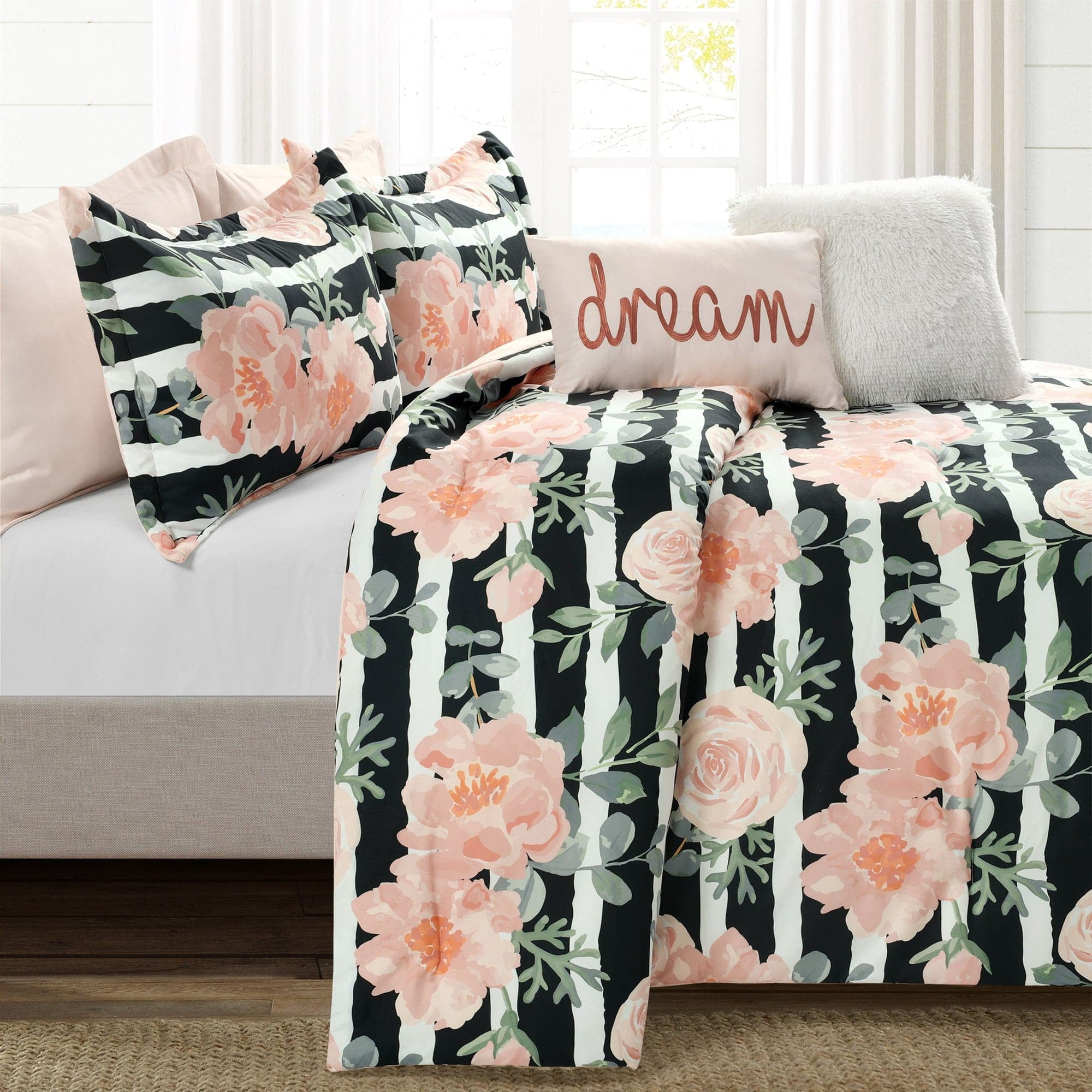 Lush Decor Amara Watercolor Rose Comforter Black/Dusty Rose 7Pc Set ...
