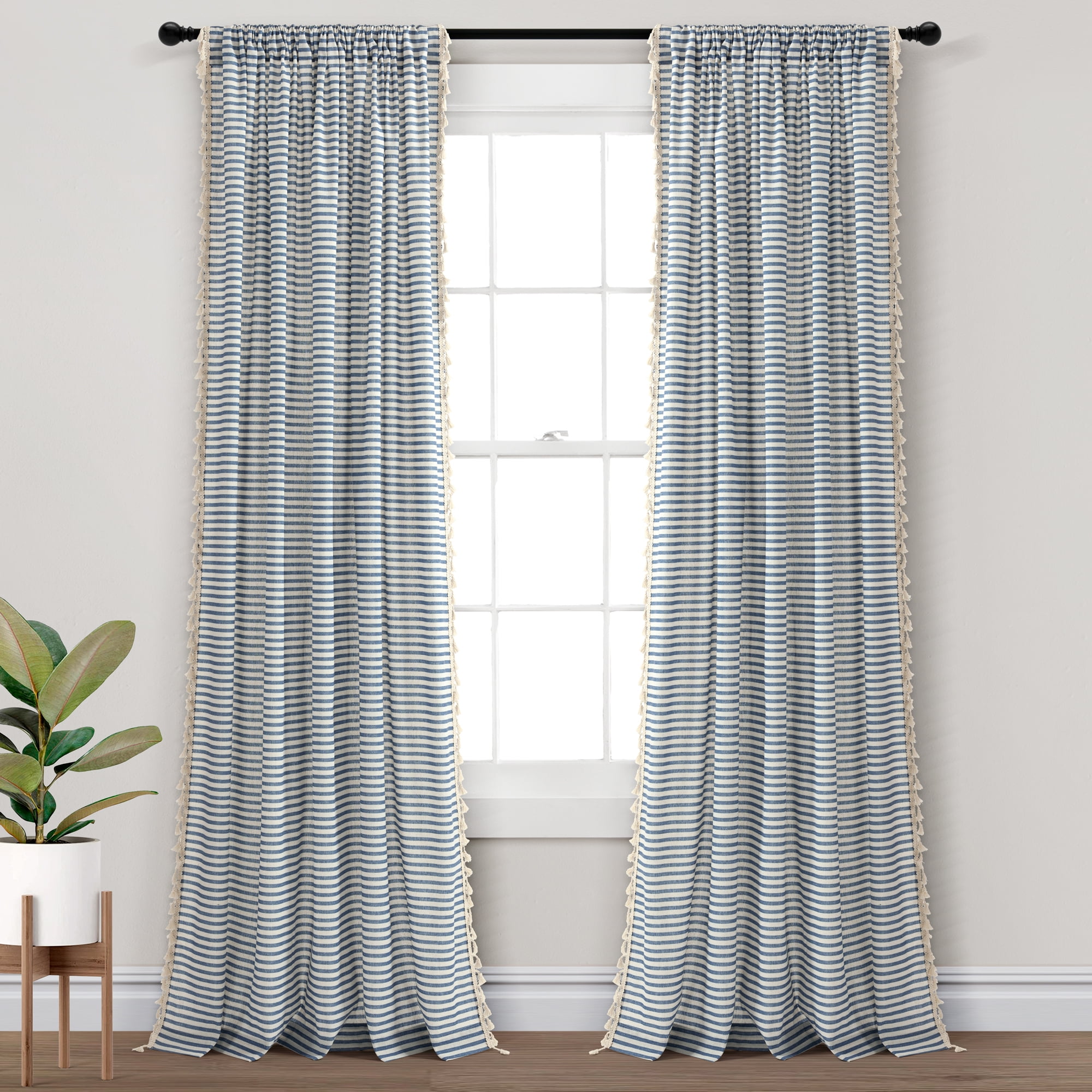 Lush Decor Boho Coastal Horizontal Ticking Stripe Tassel Window Curtain ...