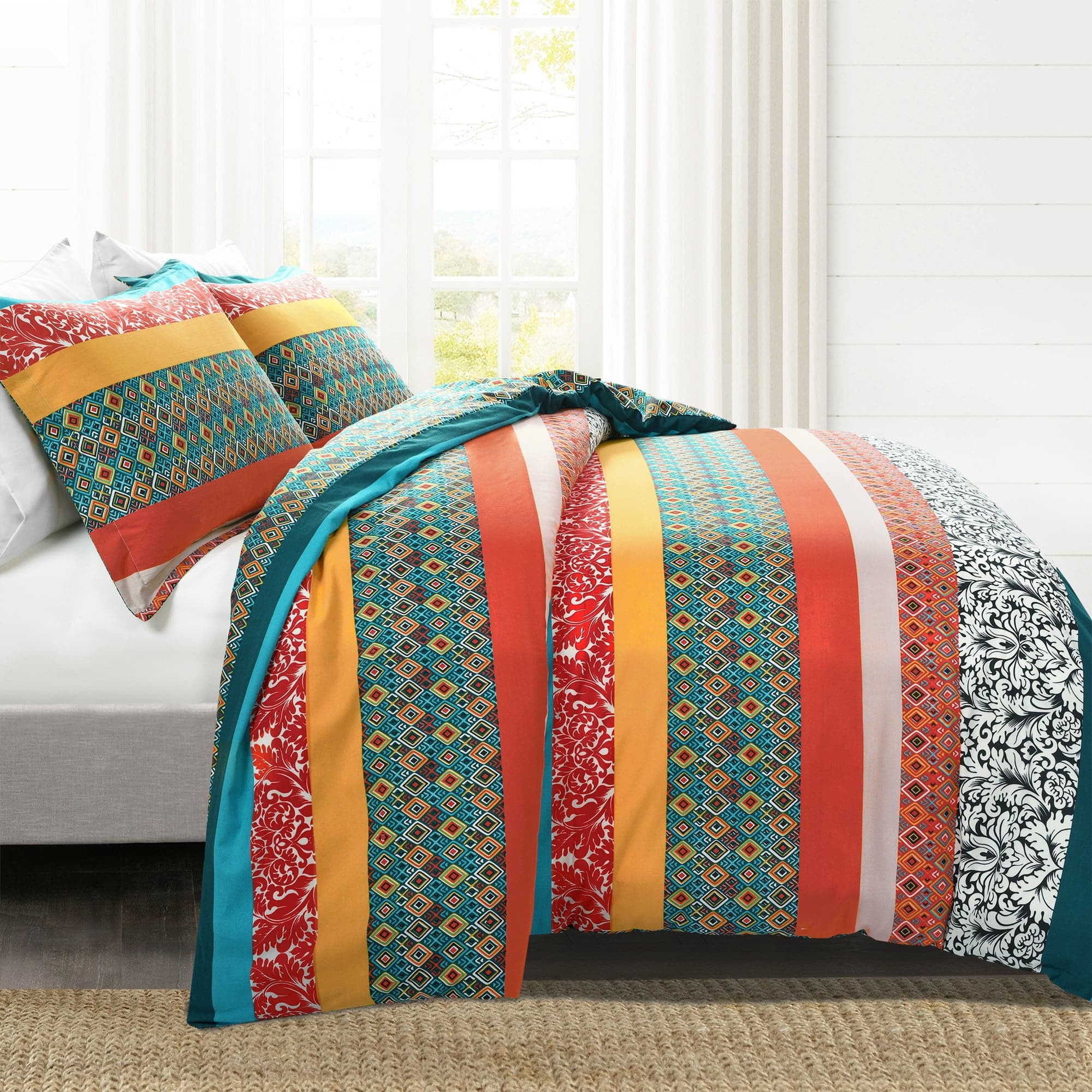 Lush Decor Boho Stripe Duvet Cover - Turquoise/Tangerine - Full/Queen ...