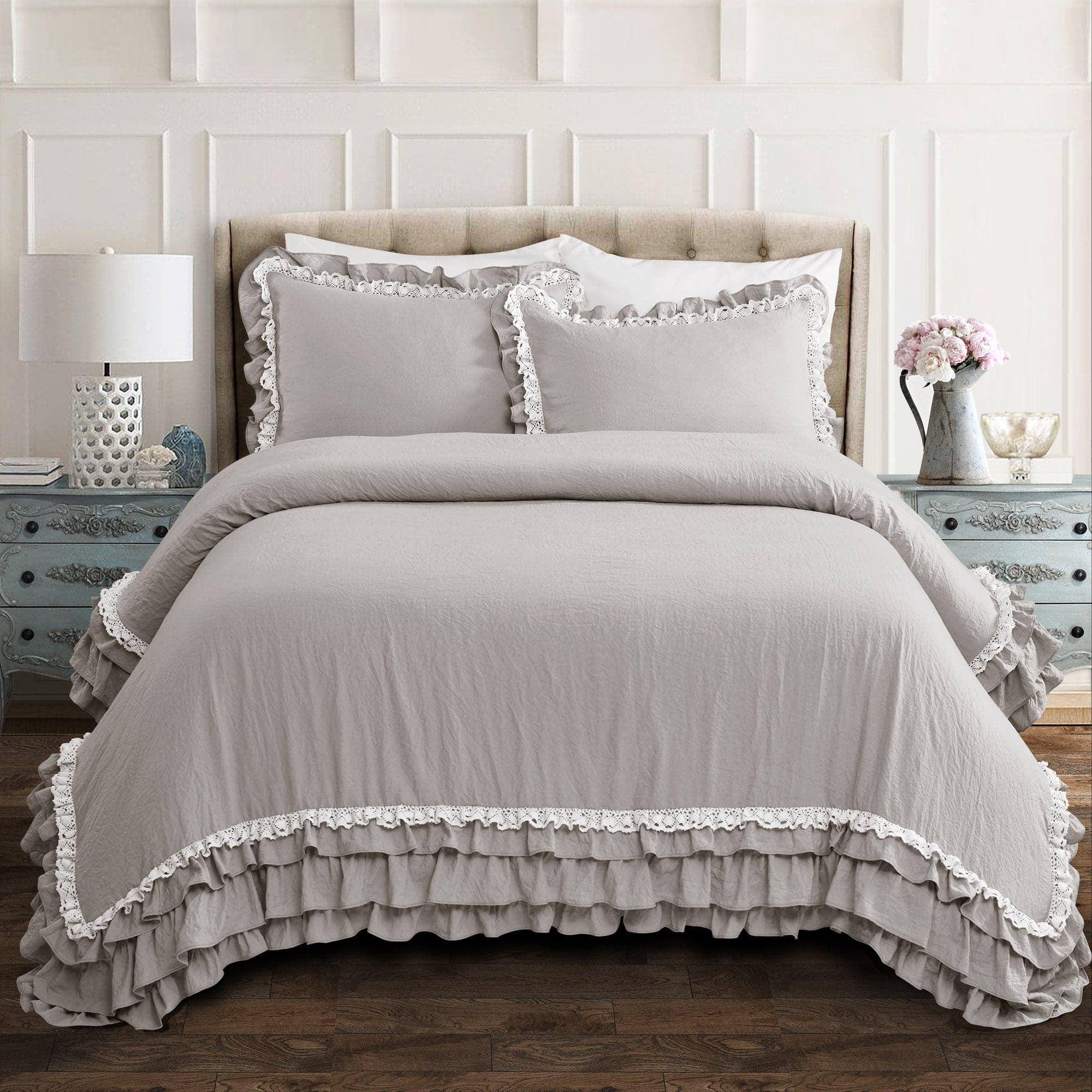 Lush Decor Ella Parisian Vintage Chic Ruffle Lace Comforter Light Gray ...