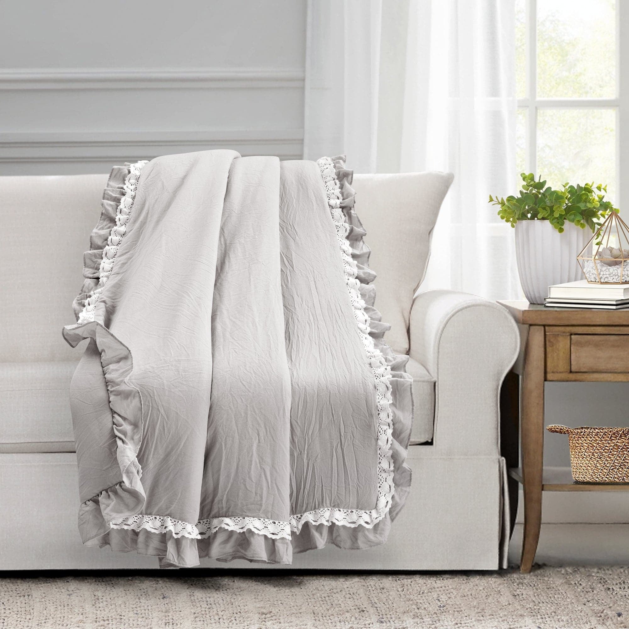 Lush Decor Ella Shabby Chic Ruffle Lace Throw, Light Gray, 50x60+3 ...