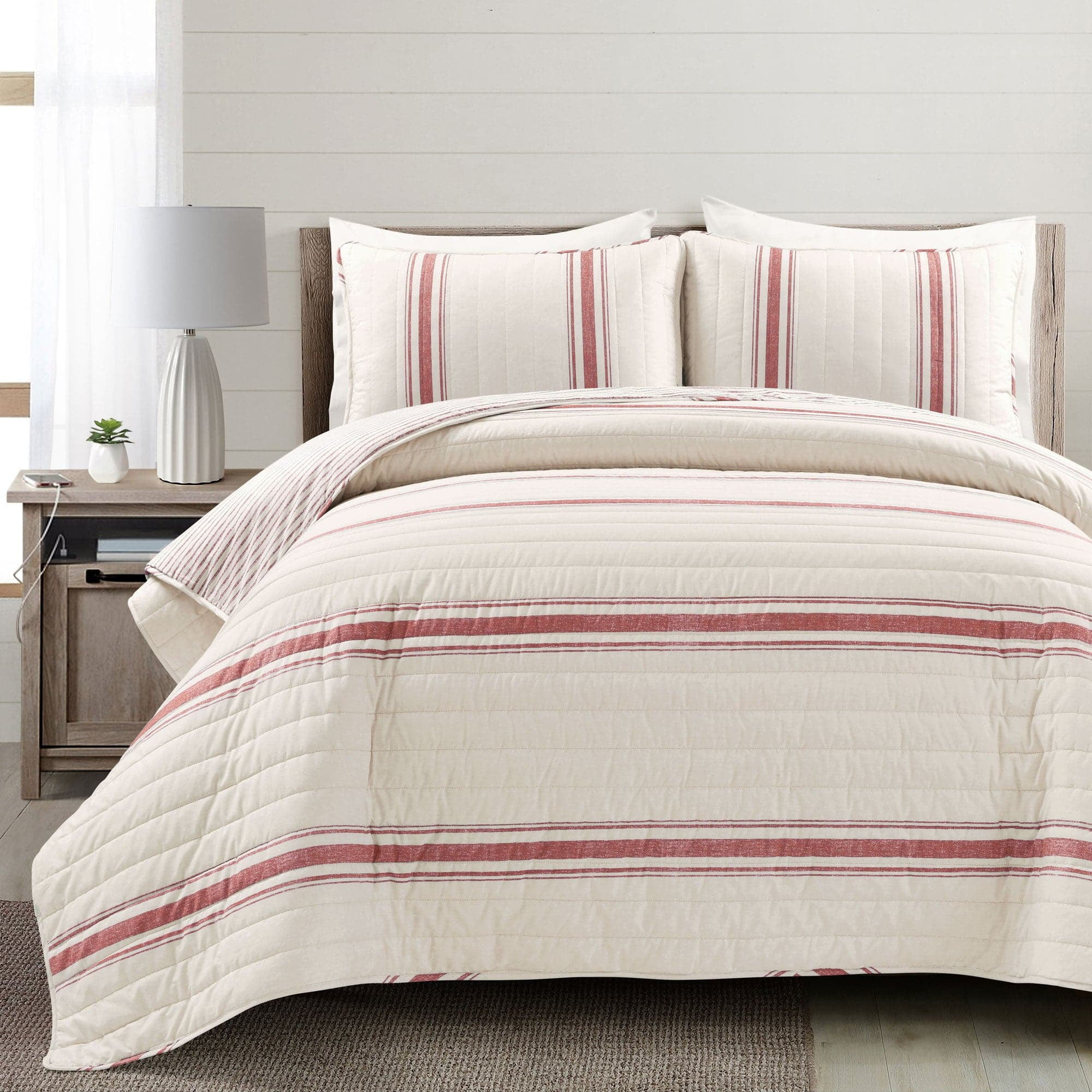 Lush Decor Farmhouse Stripe Quilt Red 3Pc Set Cal King - Walmart.com