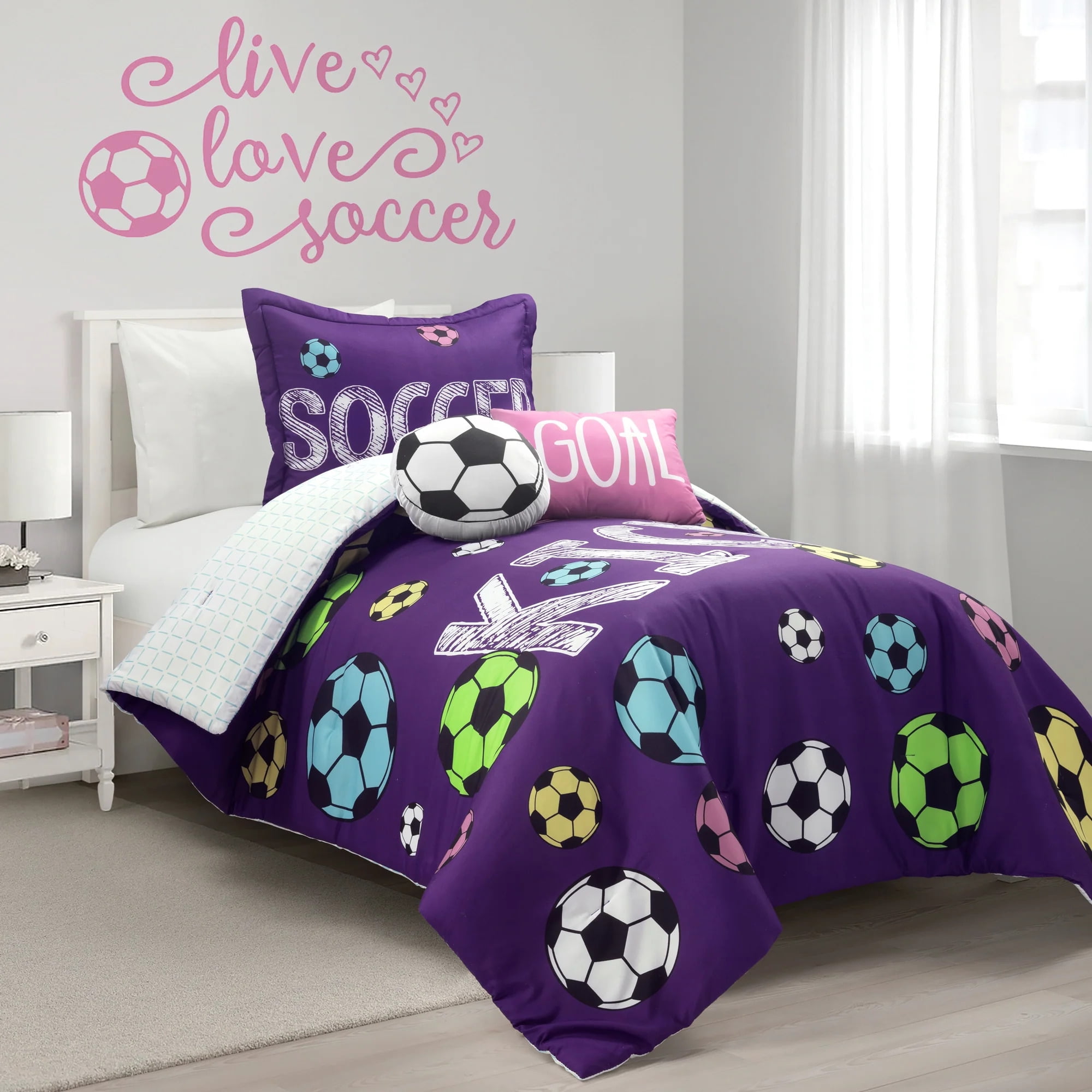 Lush Decor Girls Soccer Kick Reversible Oversized Comforter Purple 4Pc ...