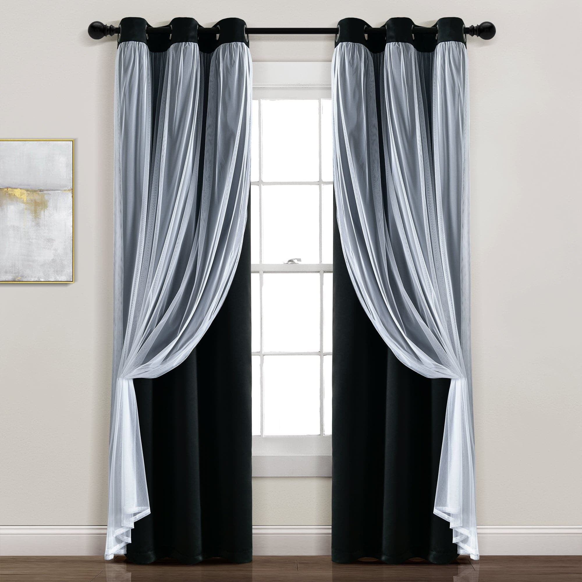 Lush Decor Grommet Sheer Panels With Insulated Blackout Lining Black ...