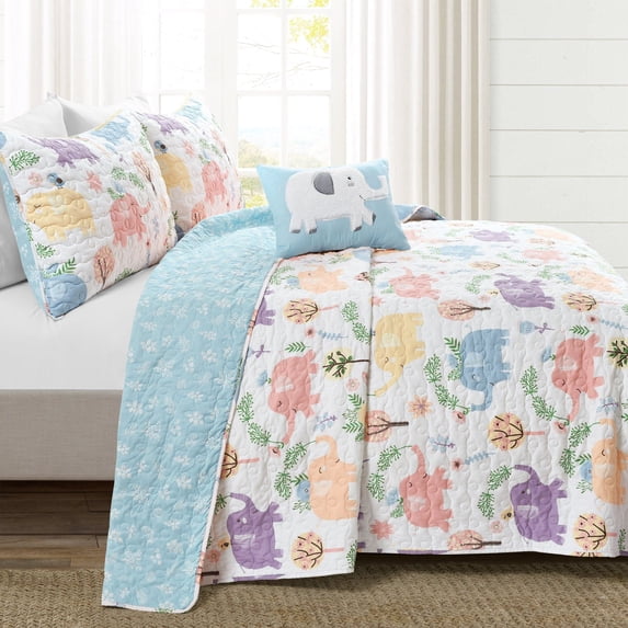 Lush Decor Hygge Elephant Kids Animal Print Reversible Quilt Set, Full ...