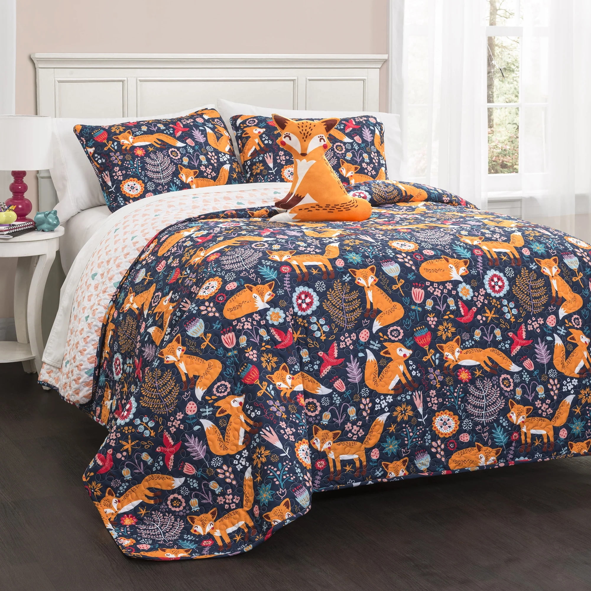 Lush Decor Pixie Fox Kids Animal Print Reversible Quilt, Twin, Navy, 3 ...