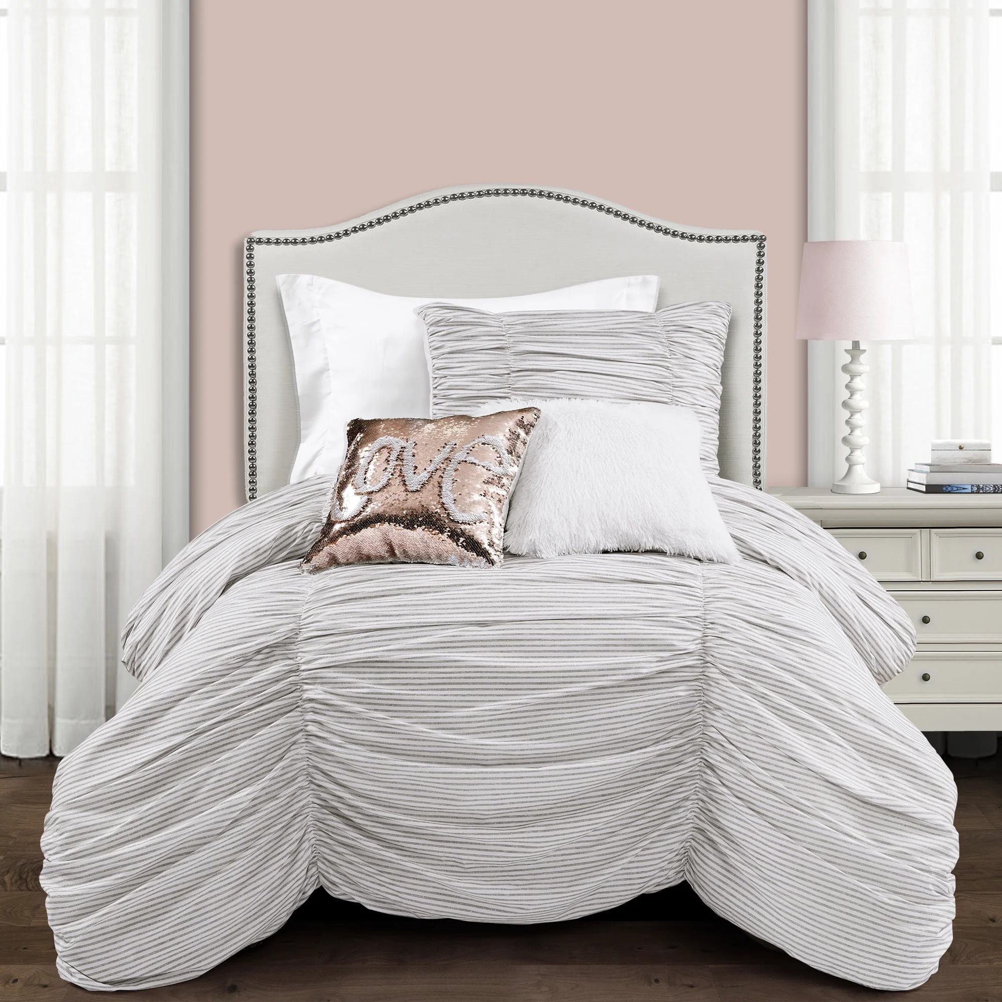 Lush Decor Ruching Ticking Stripe Textured Comforter, Twin-XL, Gray, 2 ...