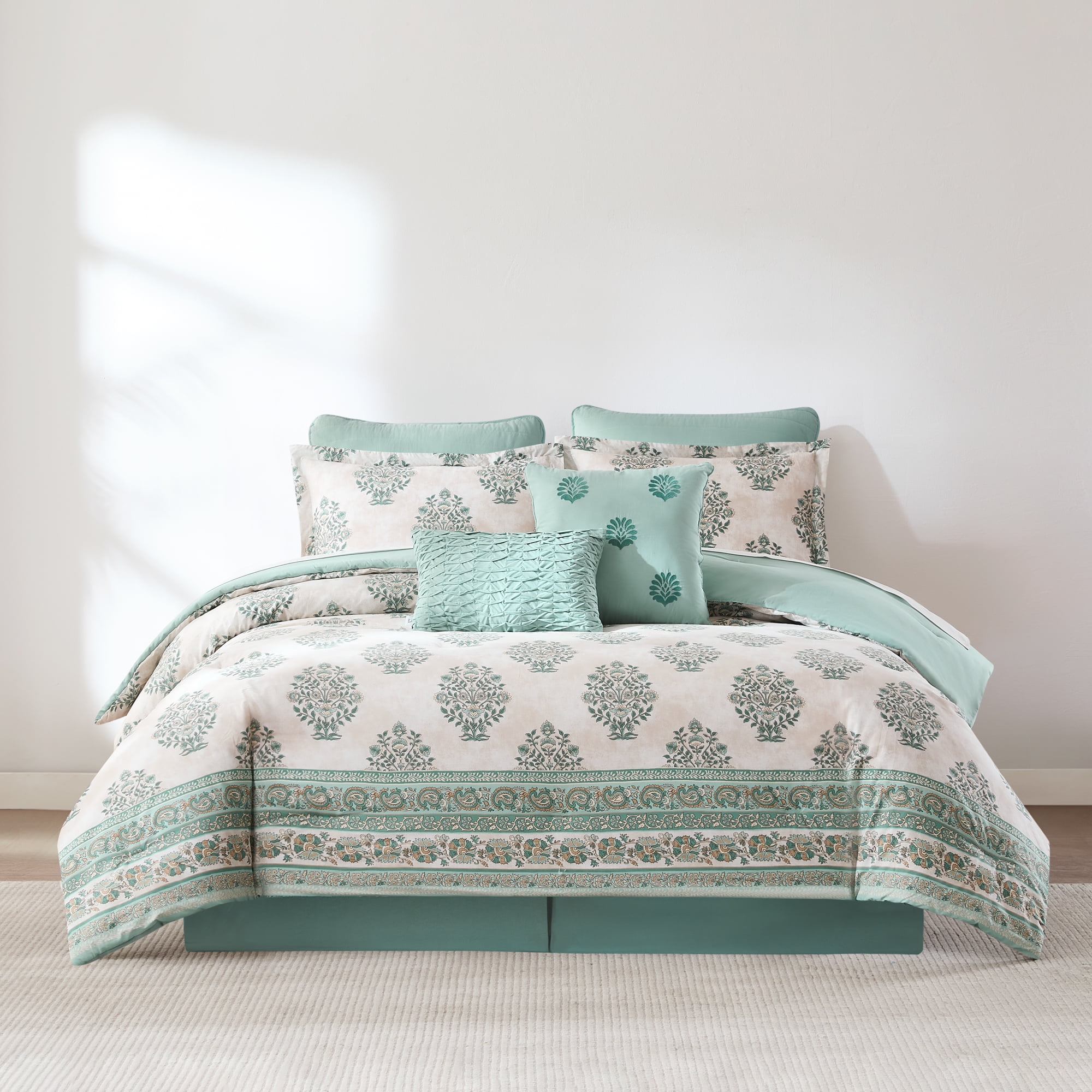 Lush Decor Sofia Flower Block Bouquet Cotton Comforter 8 Piece Set Queen Teal - Floral Comforter ...