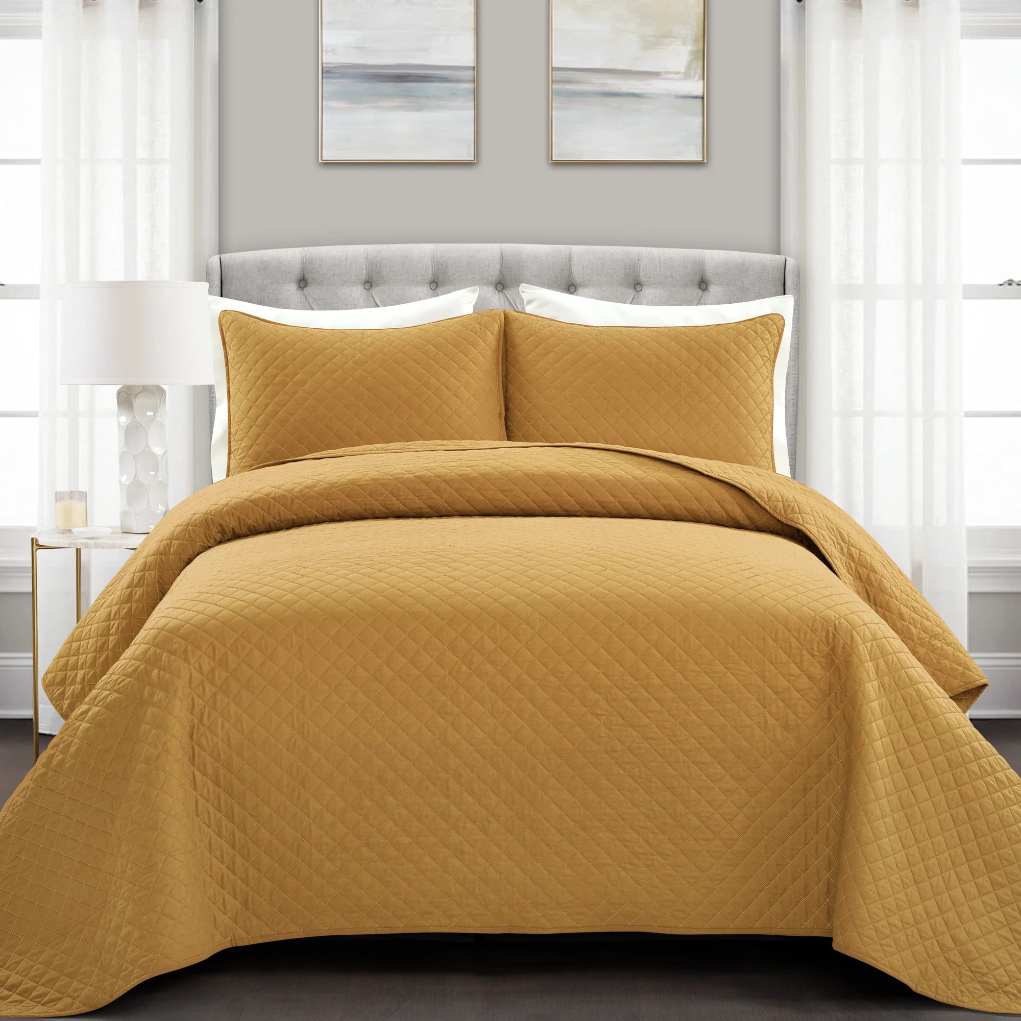 Lush Decor Solid Print Cotton Quilt Sets, Full/Queen, Yellow, 3-Pieces ...