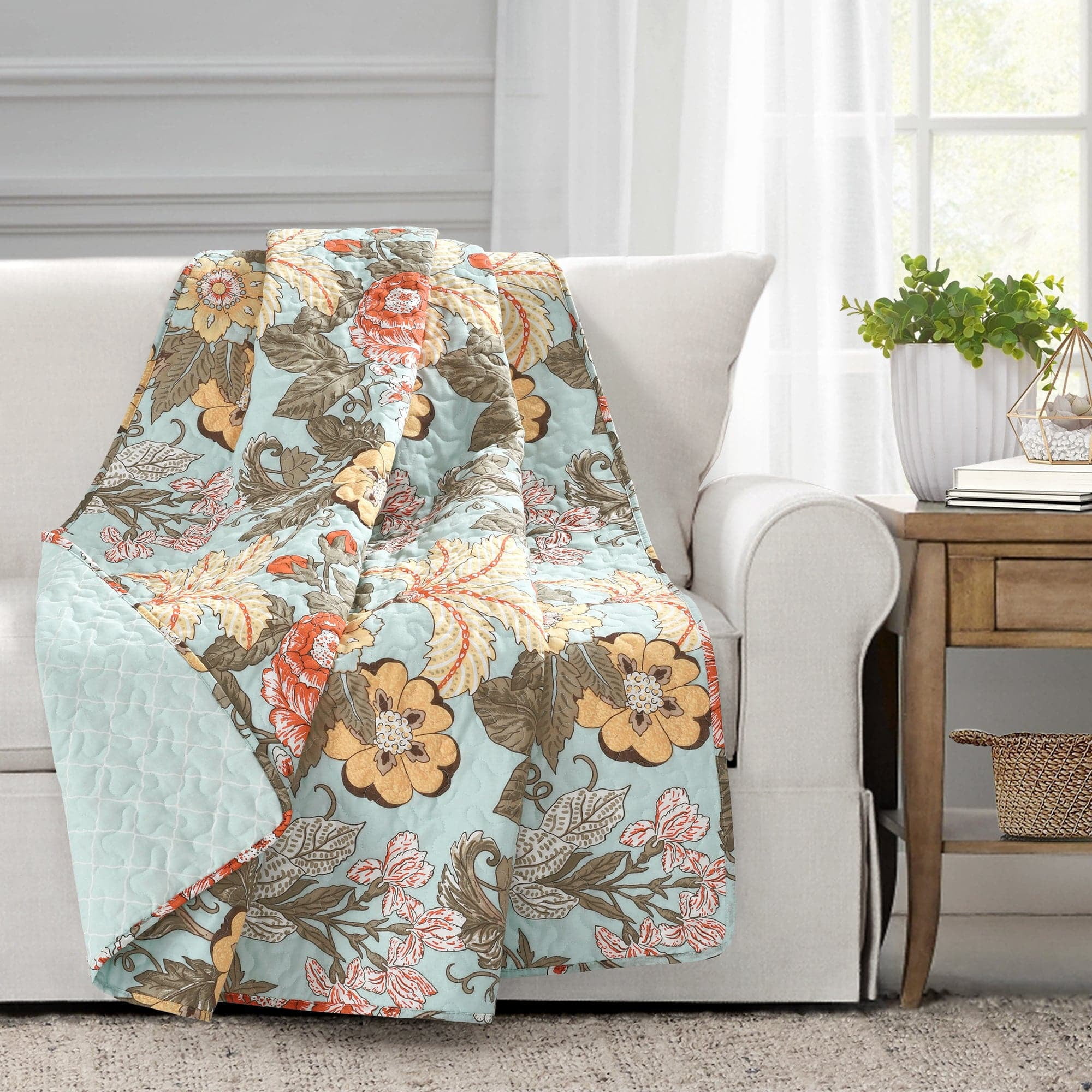 Lush Decor Sydney Floral Cotton Reversible Throw, 60x50, Blue/Green ...