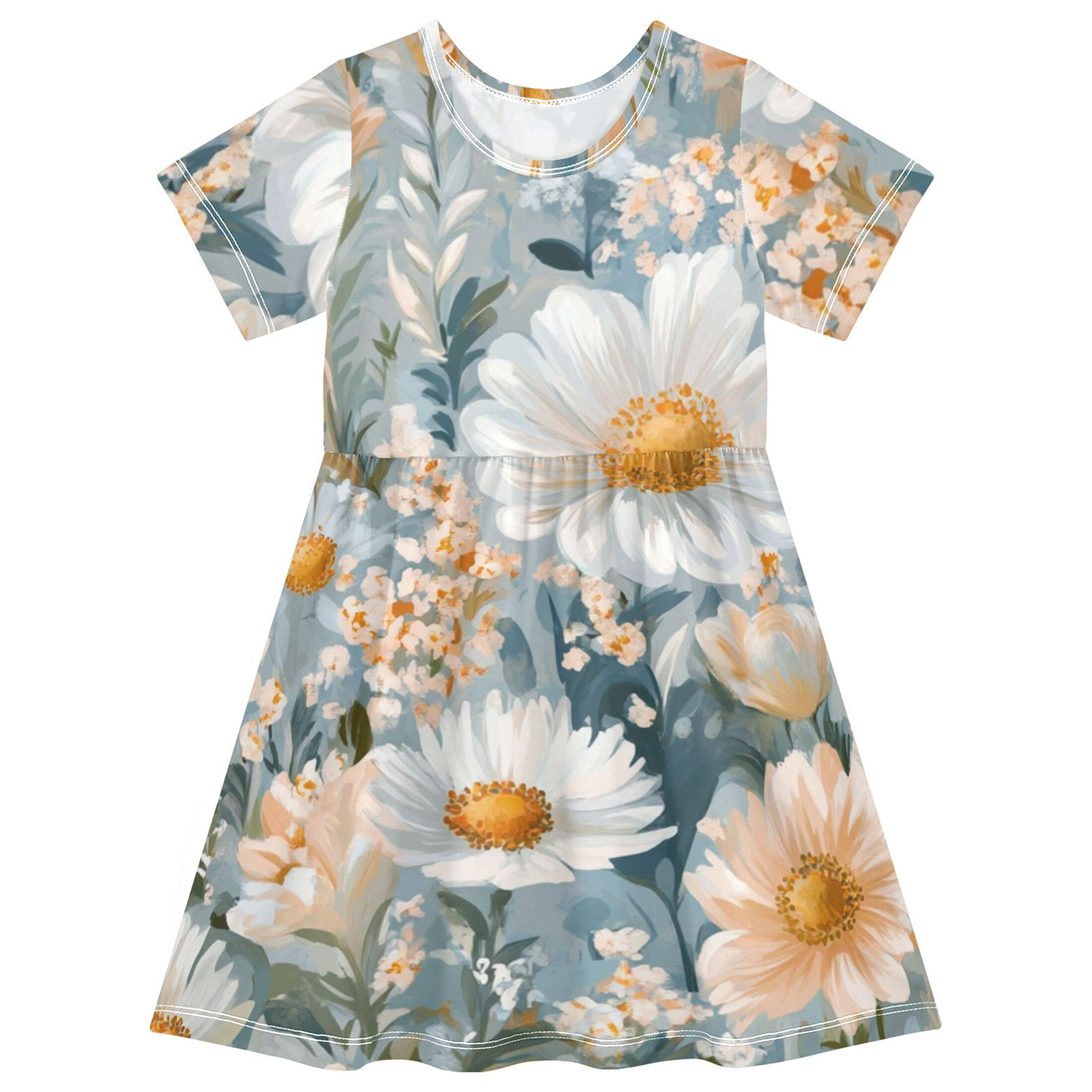 Lush Flowers Oil Painting Girls' Short Sleeve Dress A-Line One-Piece ...