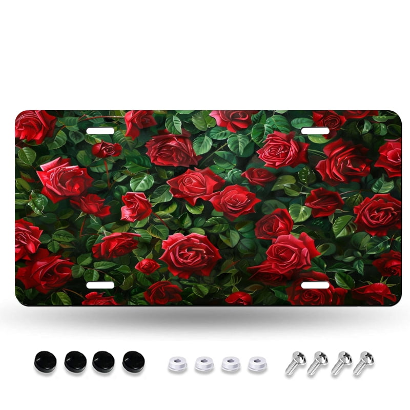 Lush Green Leaves and Abundant Red Roses License Plate Frame ...