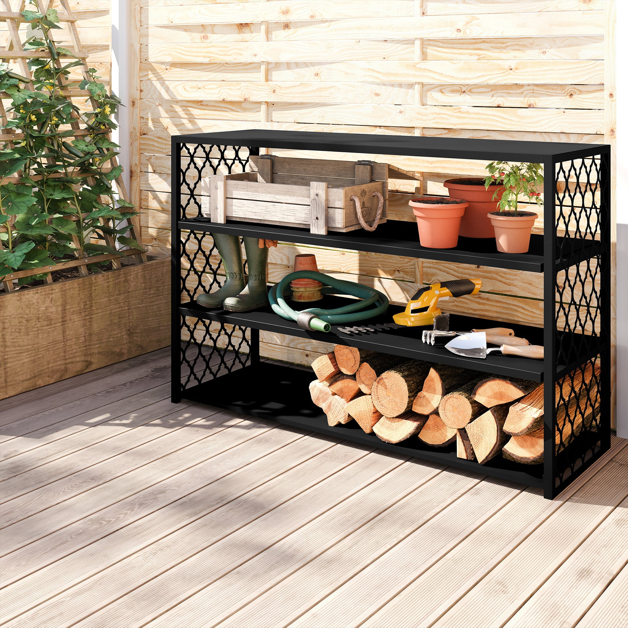 Lush Landscapes Black Outdoor Metal Trellis Console Table and Firewood ...