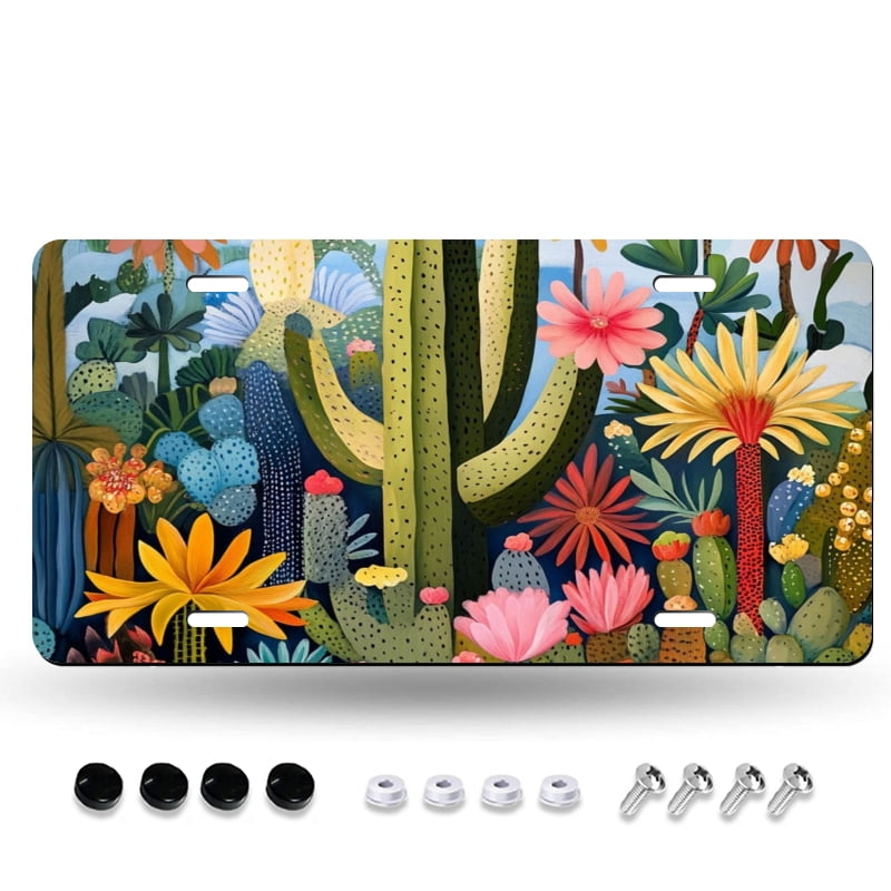 Lush Oasis Of Cacti and Colorful Flowers License Plate Frame ...